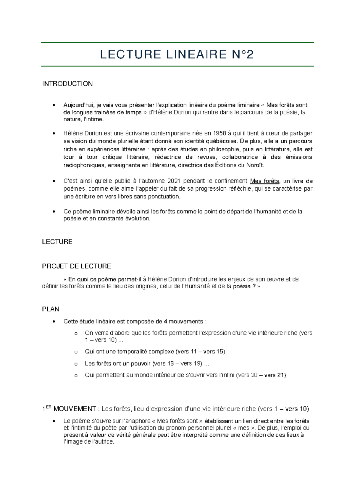 Lecture linéaire Hélène Dorion - LECTURE LINEAIRE N° INTRODUCTION ...