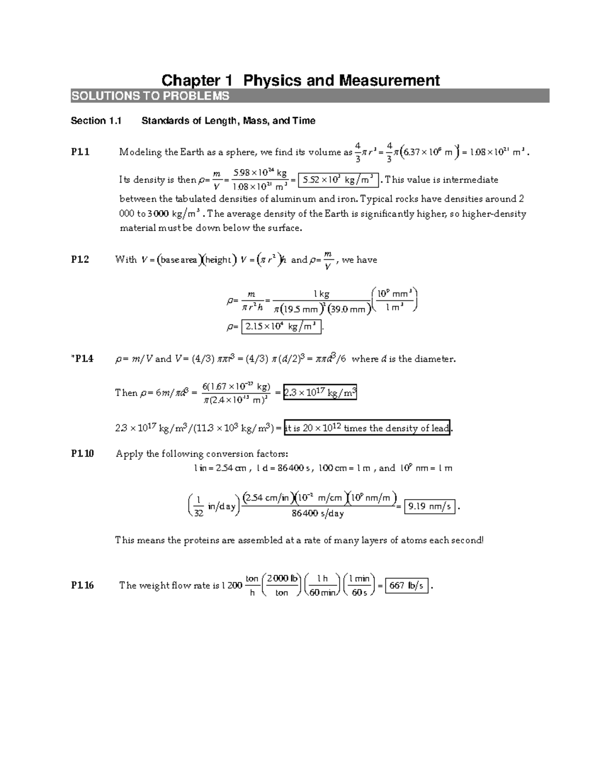 Chap1 HW Solutions for chapter 1 homework - Chapter 1 Physics and Measurement SOLUTIONS TO ...