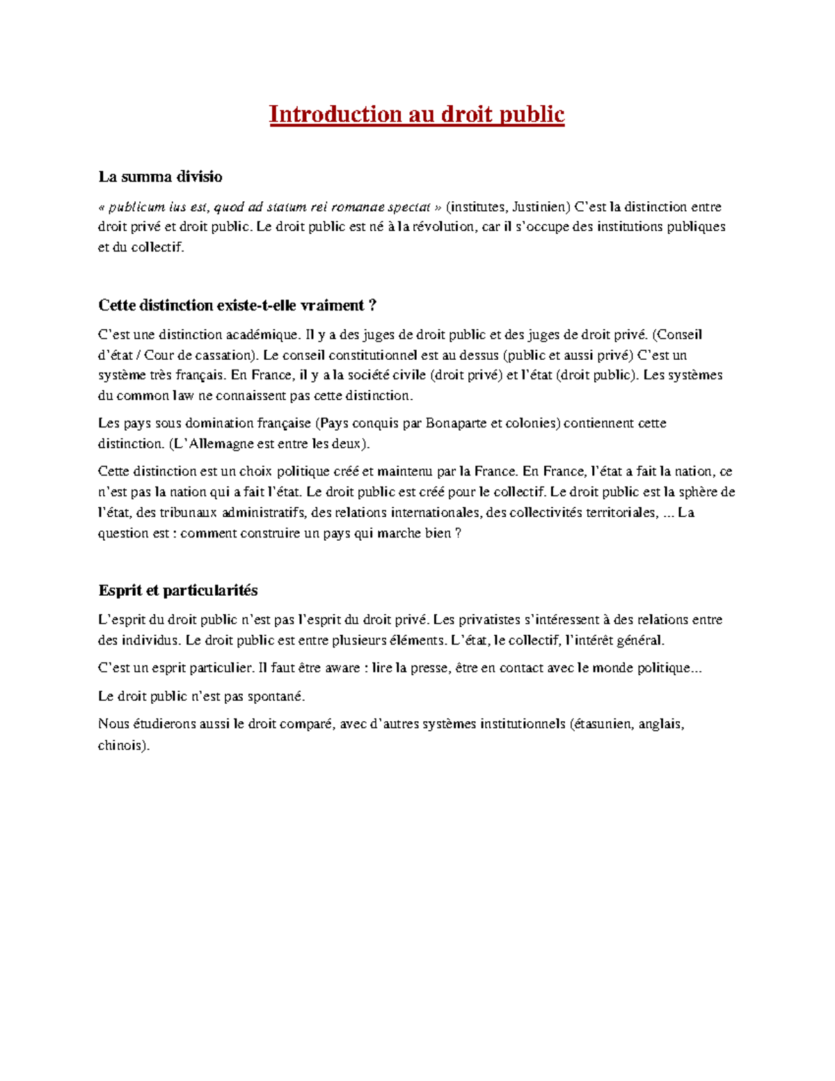 Droit Public - Cours - Introduction au droit public La summa divisio ...