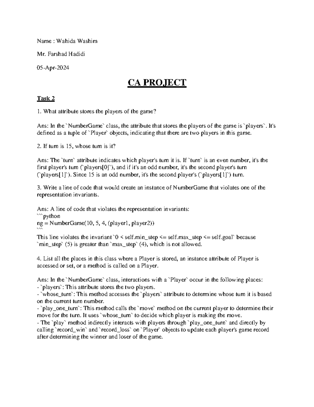Computer CA2 - Ca project - Name : Wahida Washim Mr. Farshad Hadidi 05 - Apr- 2024 CA PROJECT ...
