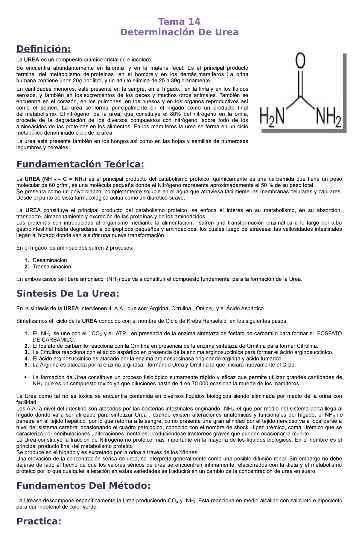 Practica TEMA 14 - tema - Tema 14 Determinación De Urea Definición: La ...