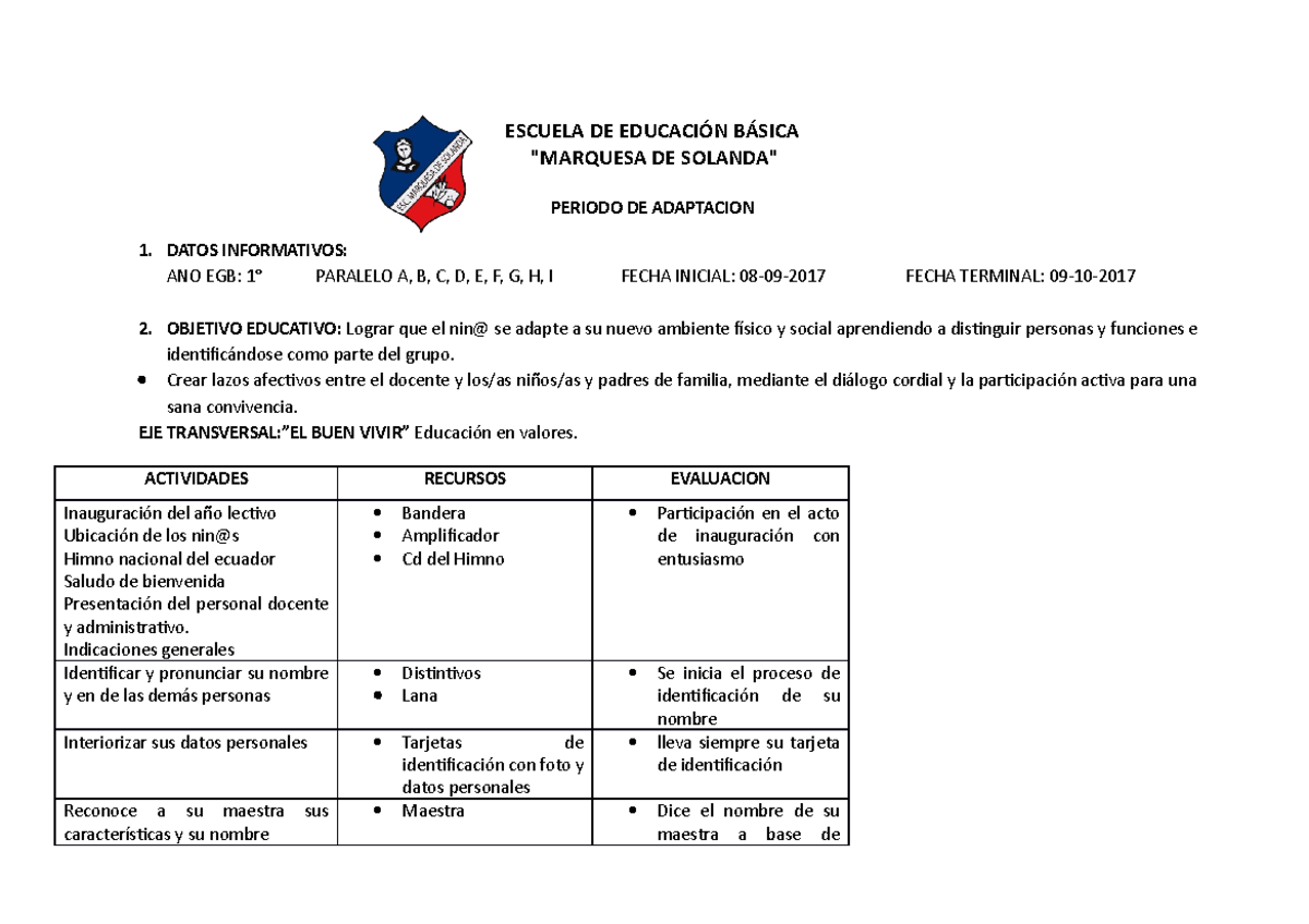 Adaptacion nueva primero B - ESCUELA DE EDUCACIÓN BÁSICA "MARQUESA DE ...