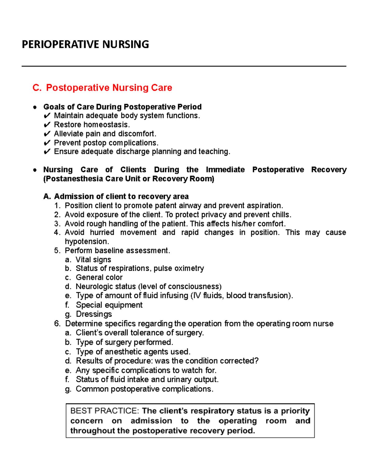 3. Postoperative Handout - PERIOPERATIVE NURSING C. Postoperative ...