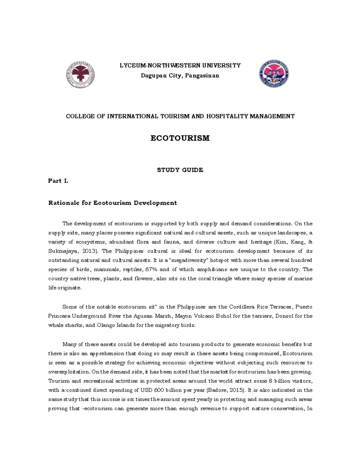 Ecotourism studyguide part1 - LYCEUM-NORTHWESTERN UNIVERSITY Dagupan ...