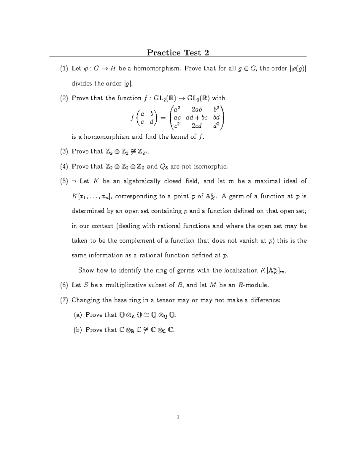 Practice Test 2 Isomorphisms Practice Test 2 1 Let φ G → H Be A Homomorphism Prove That