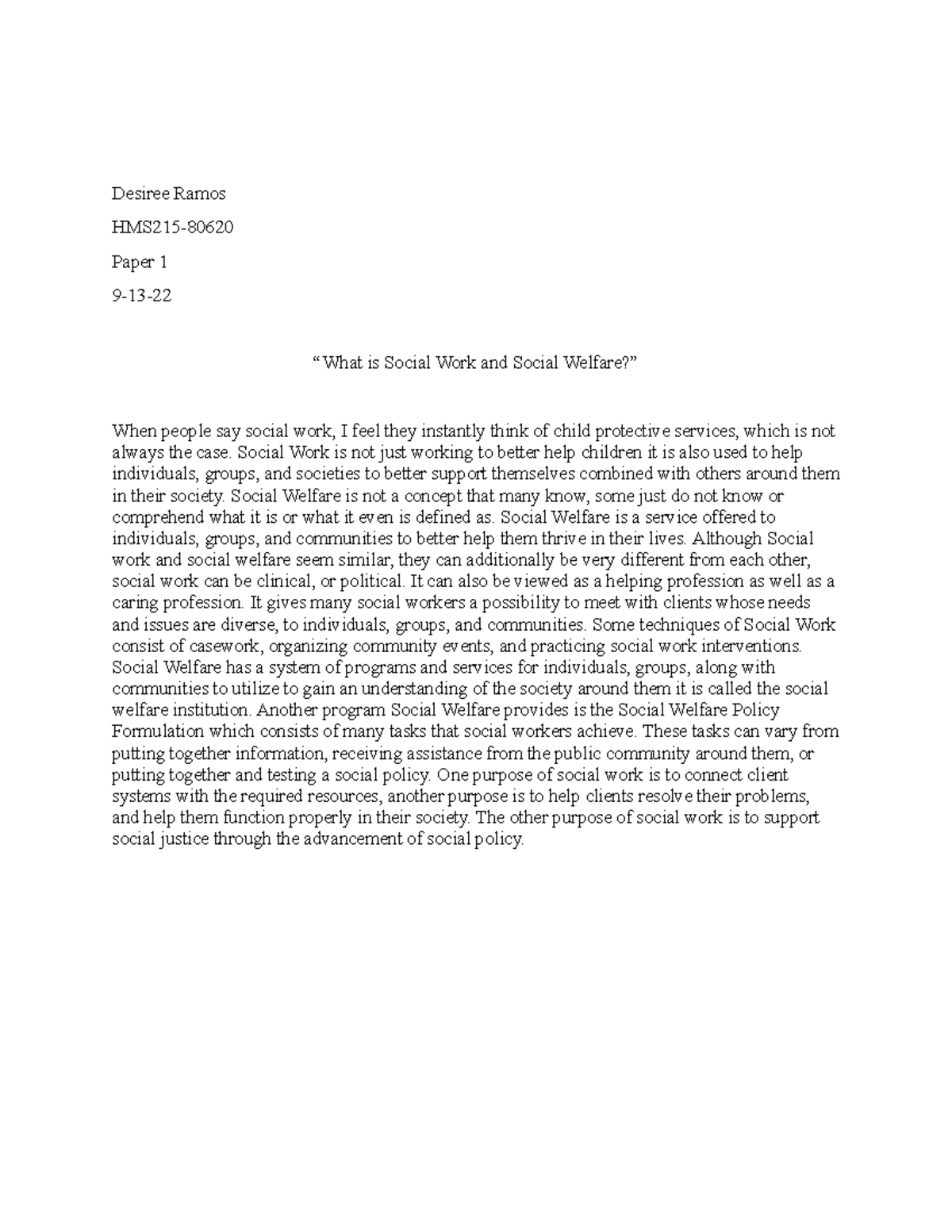 Paper 1 - essay - Desiree Ramos HMS215- Paper 1 9-13- “What is Social ...