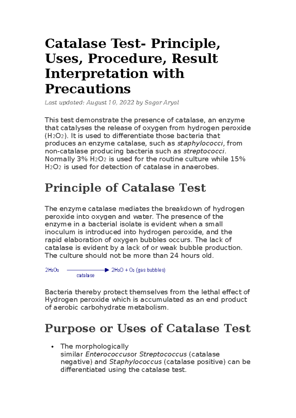 Catalase Test - It is used to differentiate those bacteria that ...