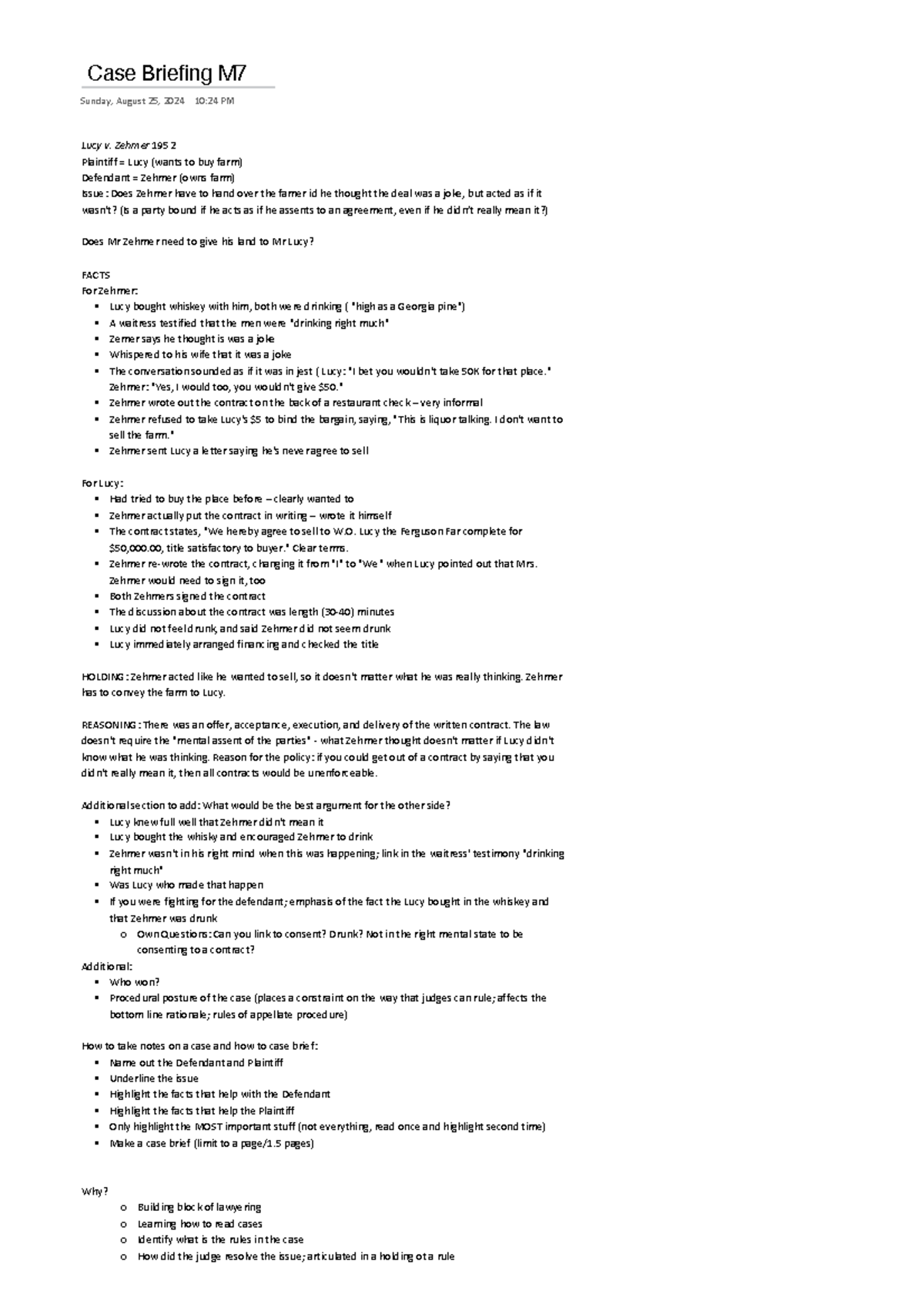 Case Breifing M7 Lucy v. Zehmer 1952 FoL - Case Briefing M Sunday ...