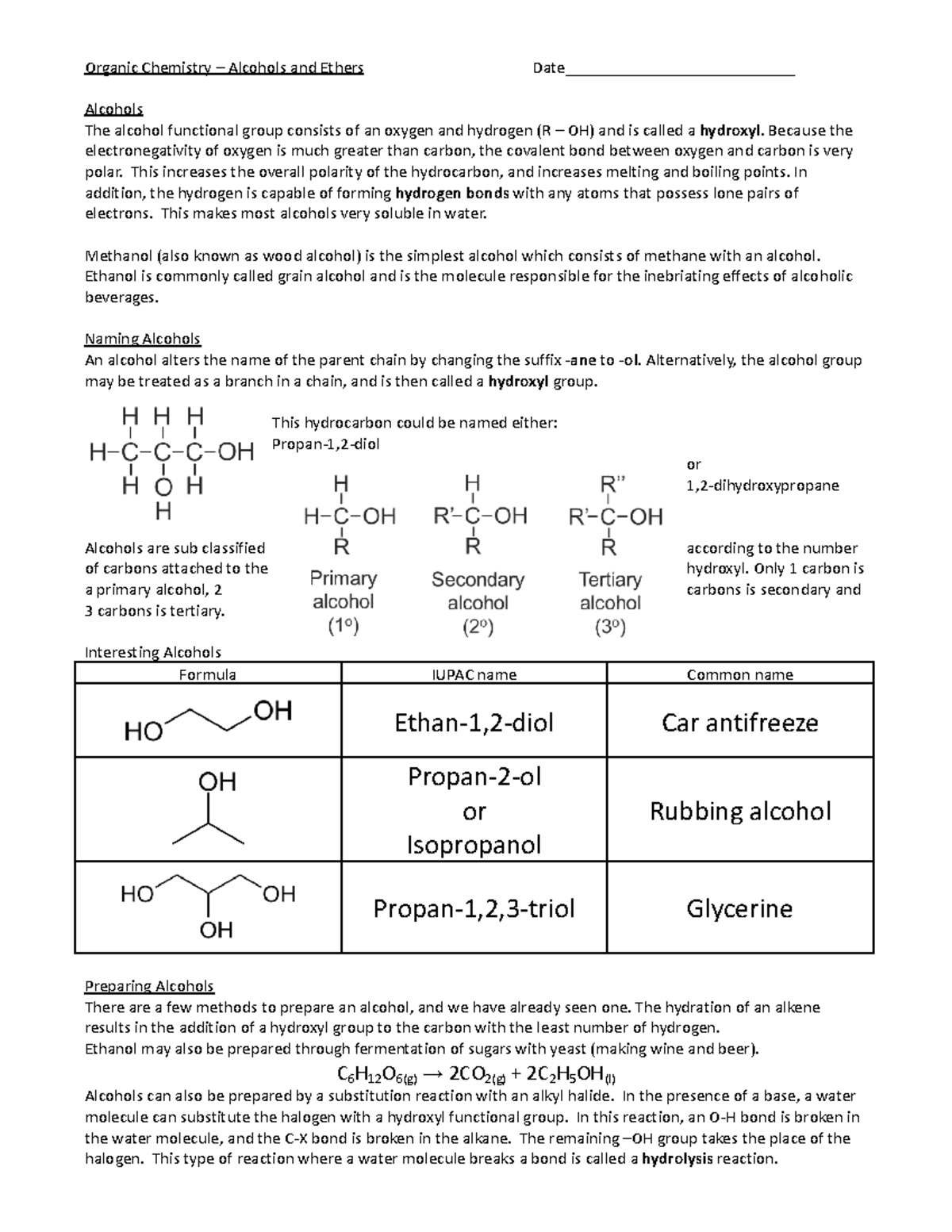 4-note 4 - Alcohols and Ethers - Organic Chemistry – Alcohols and ...