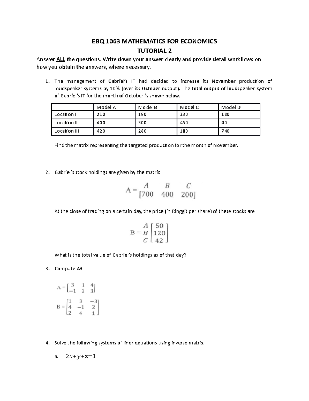 Tutorial 2- questions - EBQ 1063 MATHEMATICS FOR ECONOMICS TUTORIAL 2 ...