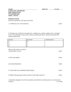 CHEM F1 MS - Form one midterm 2 2023 exam - CHEMISTRY, FORM ONE MID ...