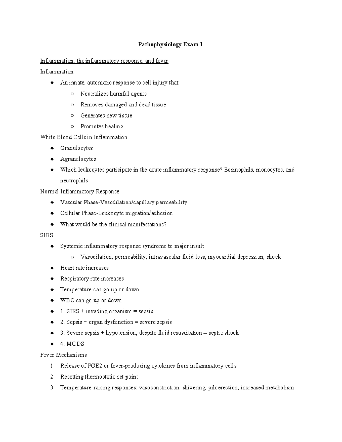 Exam 1,2,3 Notes - Pathophysiology Exam 1 Inflammation, the ...