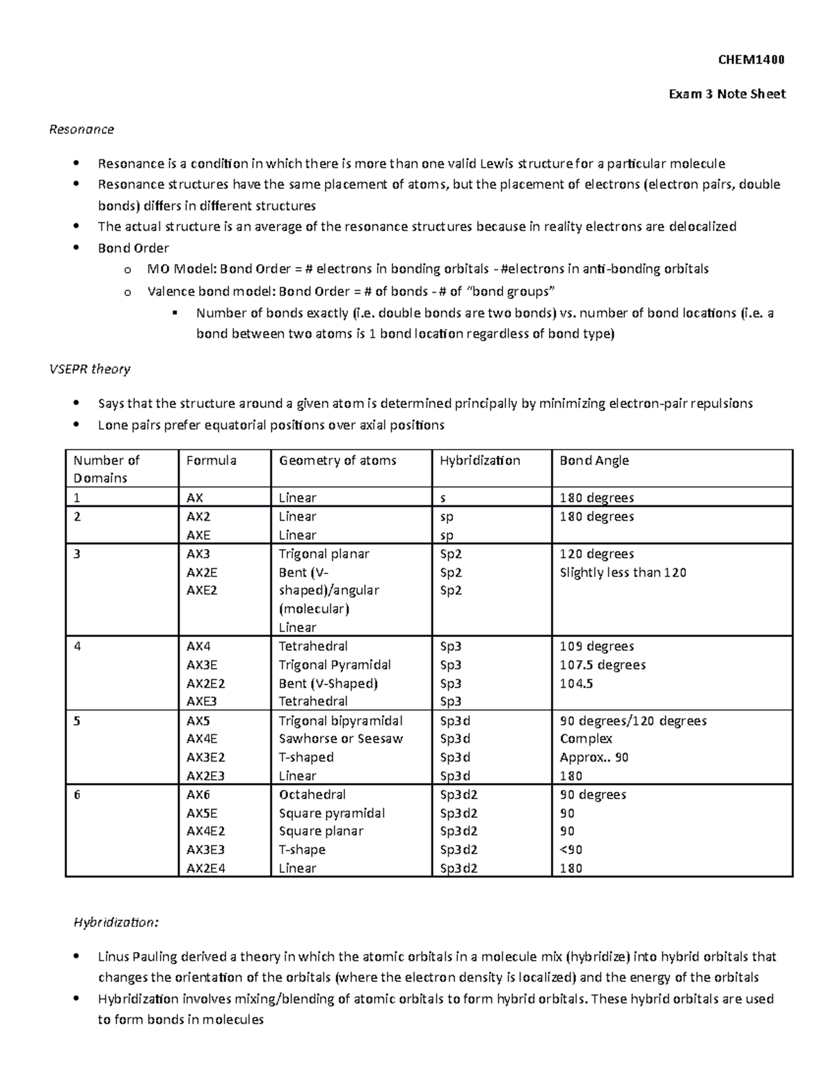CHEM1400 Master note sheet exam 3 - CHEM Exam 3 Note Sheet Resonance ...