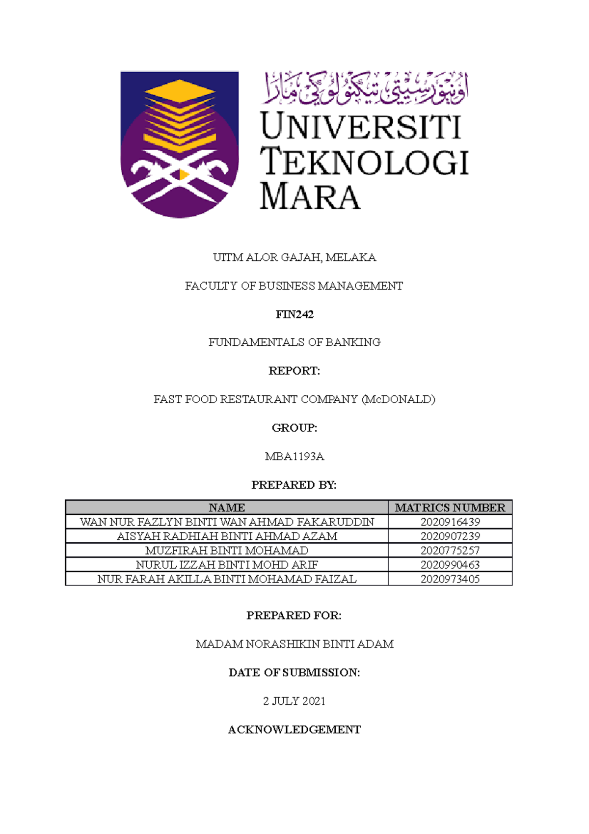 FIN242- Report - Fundamentals of Finance - UiTM - Studocu