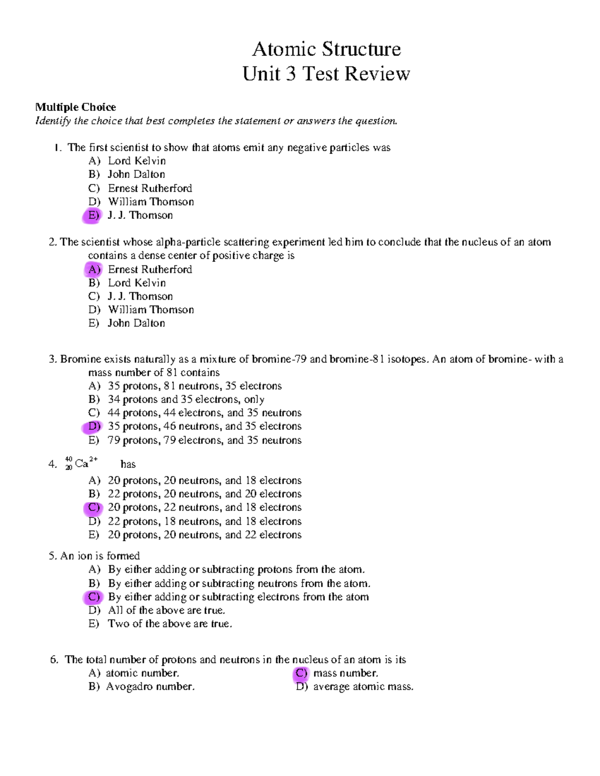 atomictest 3. — - Unit 3 Test Review Multiple Choice Identify the ...