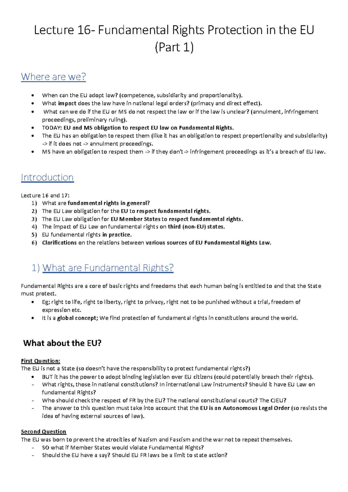 Fundamental Rights Protection in the EU (Part 1) Lecture 16 notes ...