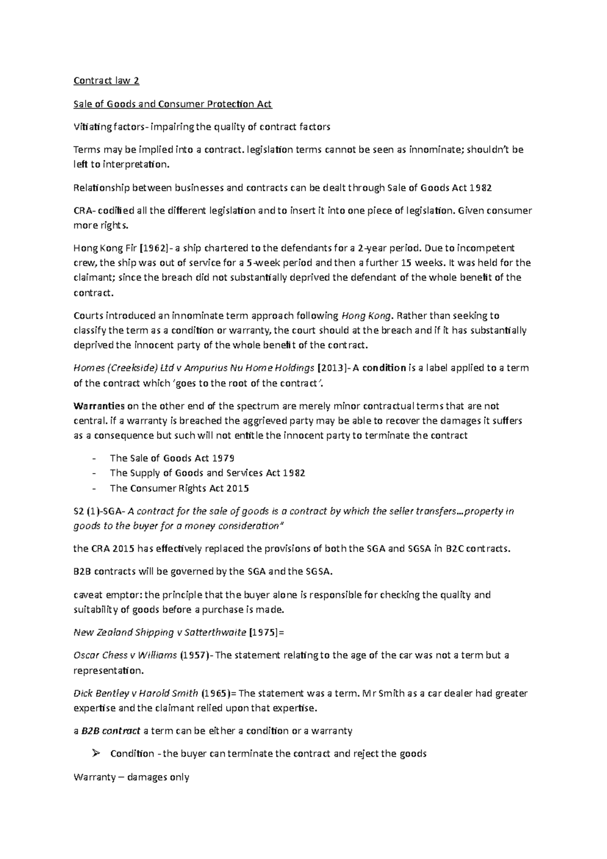 Sale of goods act notes - Contract law 2 Sale of Goods and Consumer ...