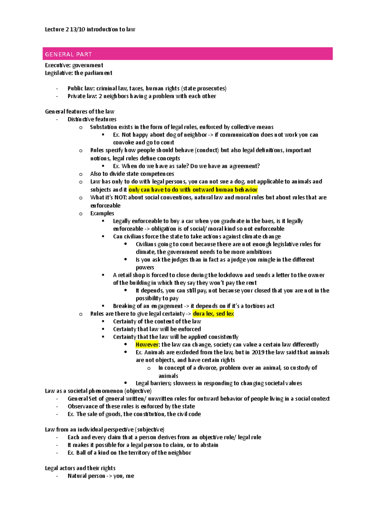 Introduction to law notes - GENERAL PART Executive: government ...