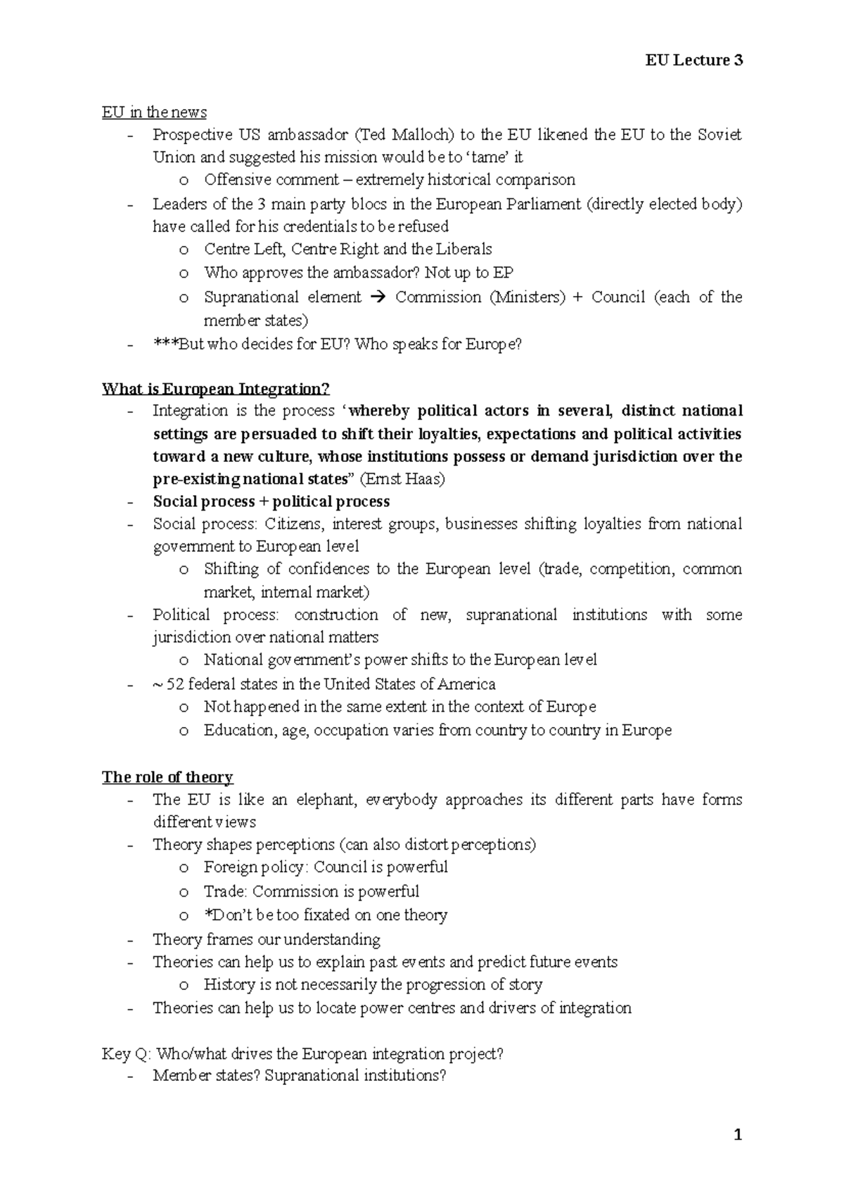 EU Lecture 3 - European Integration, Neofunctionalism ...