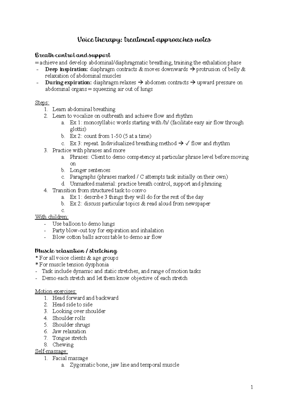 Voice therapy notes - Breath control and support Muscle relaxation ...