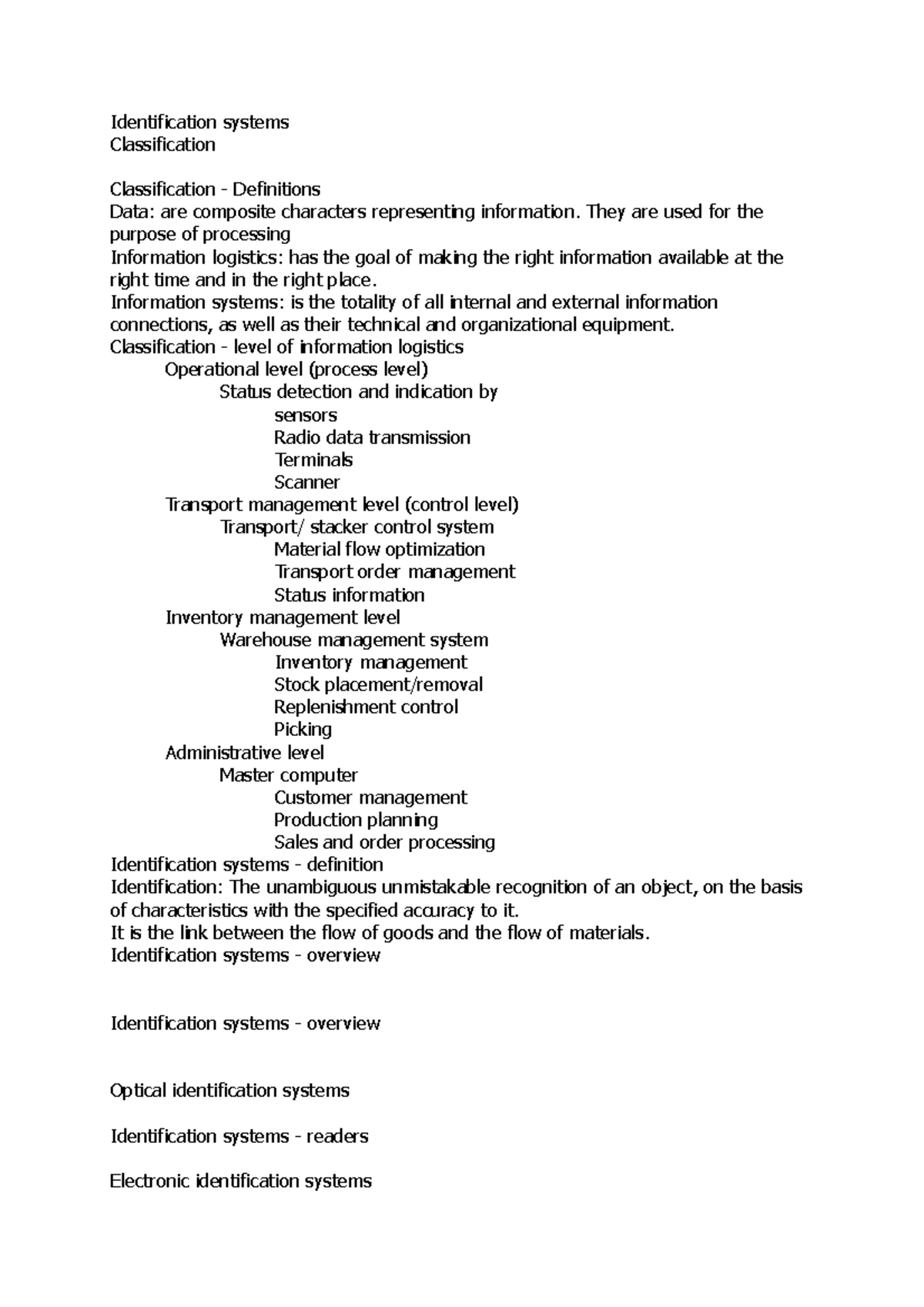Identification systems - Identification systems Classification ...