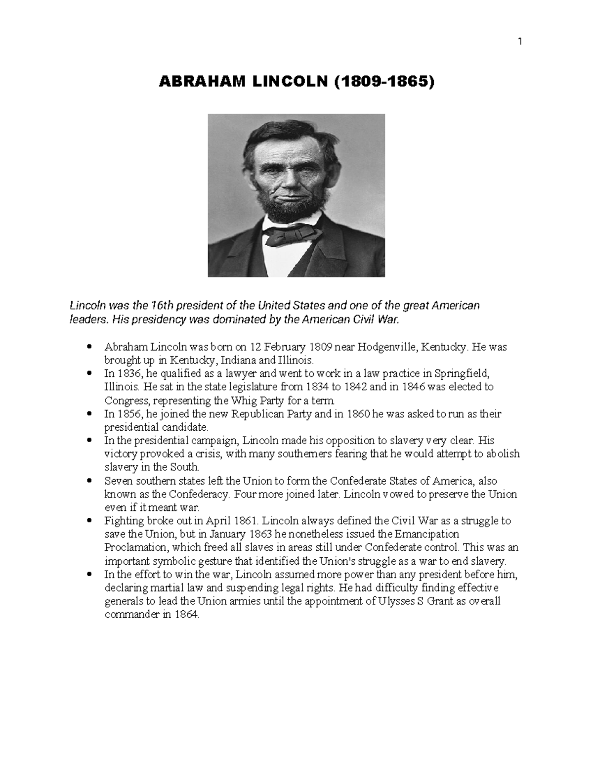 Abraham Lincoln - biography,summary,lecturenotes - 1 ABRAHAM LINCOLN ...