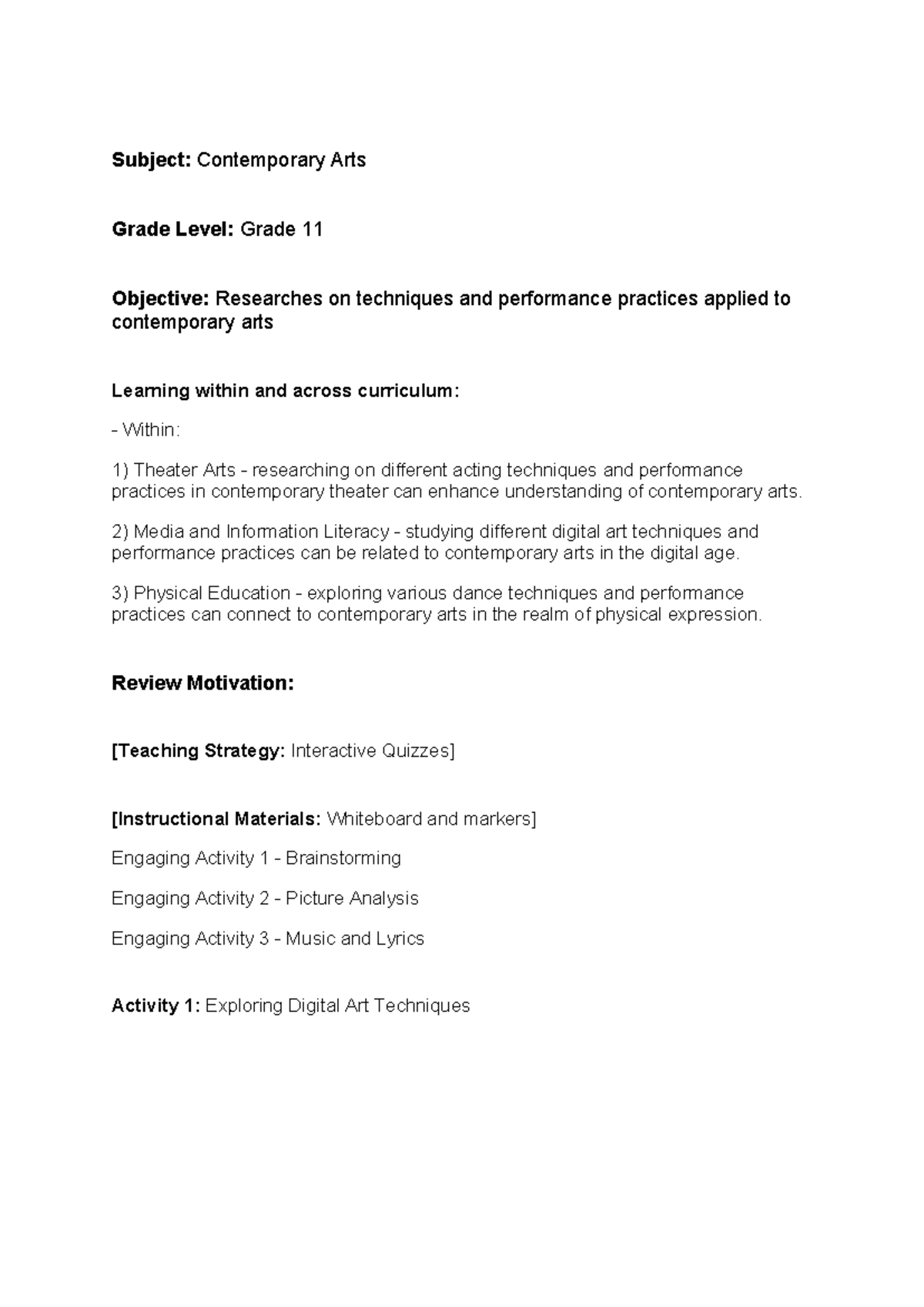 Lesson plan - DLL in COntemporary - Subject: Contemporary Arts Grade ...