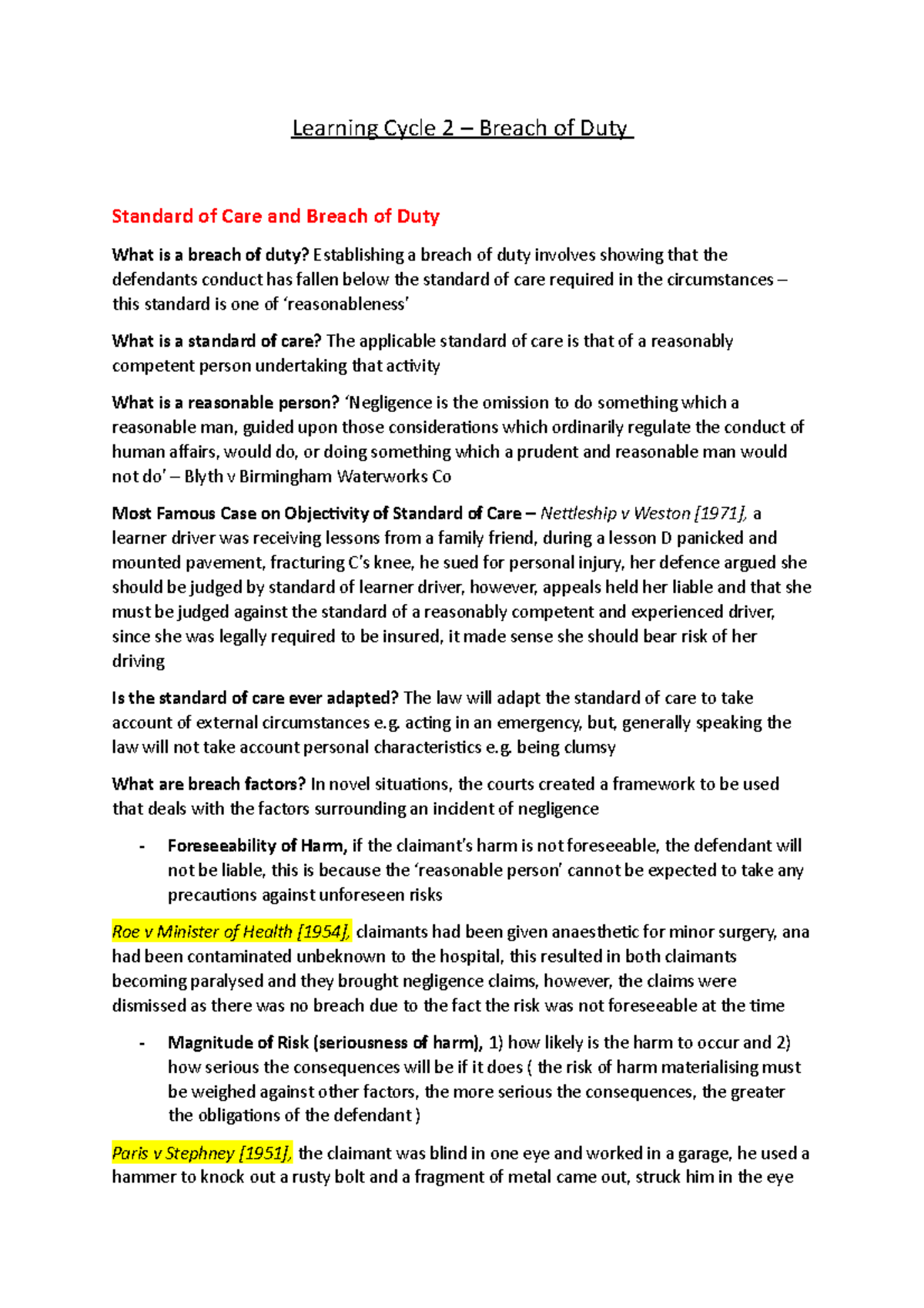 Learning Cycle 2 - Breach of Duty - Learning Cycle 2 – Breach of Duty ...