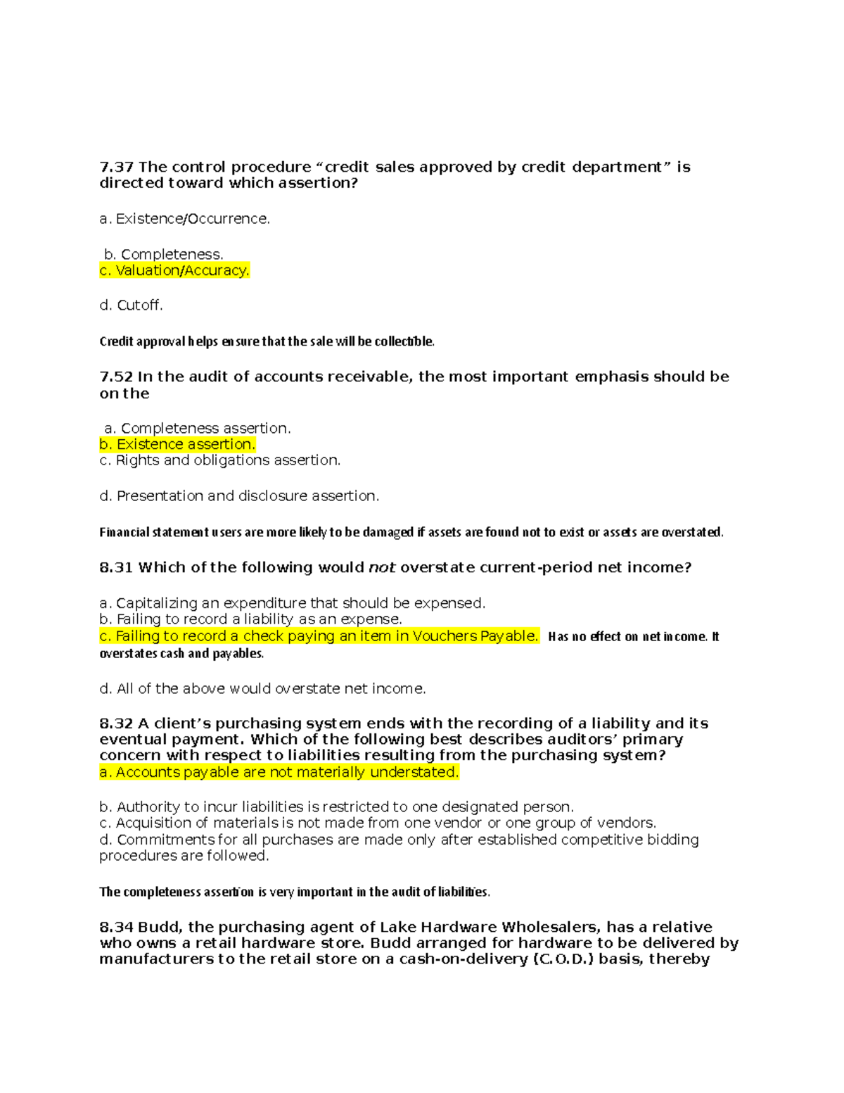 Audit Exam 2 MC Practice 7 The Control Procedure credit Sales 
