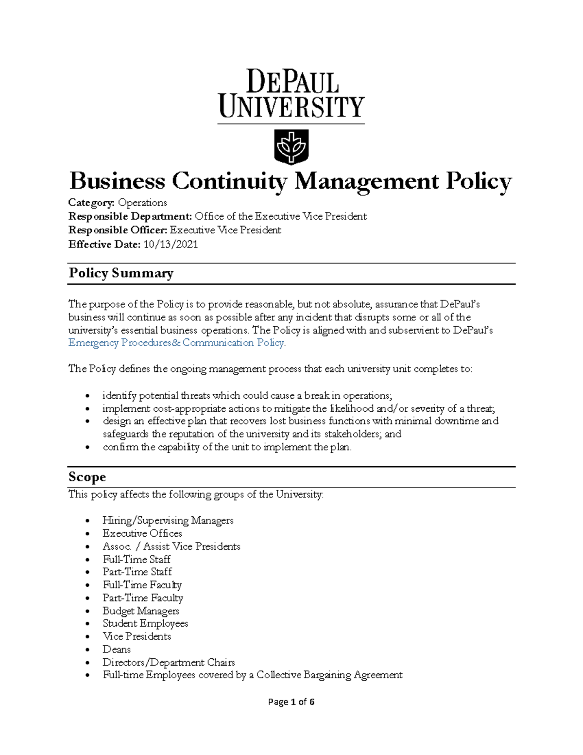 Business Continuity Management Policy - Business Continuity Management ...