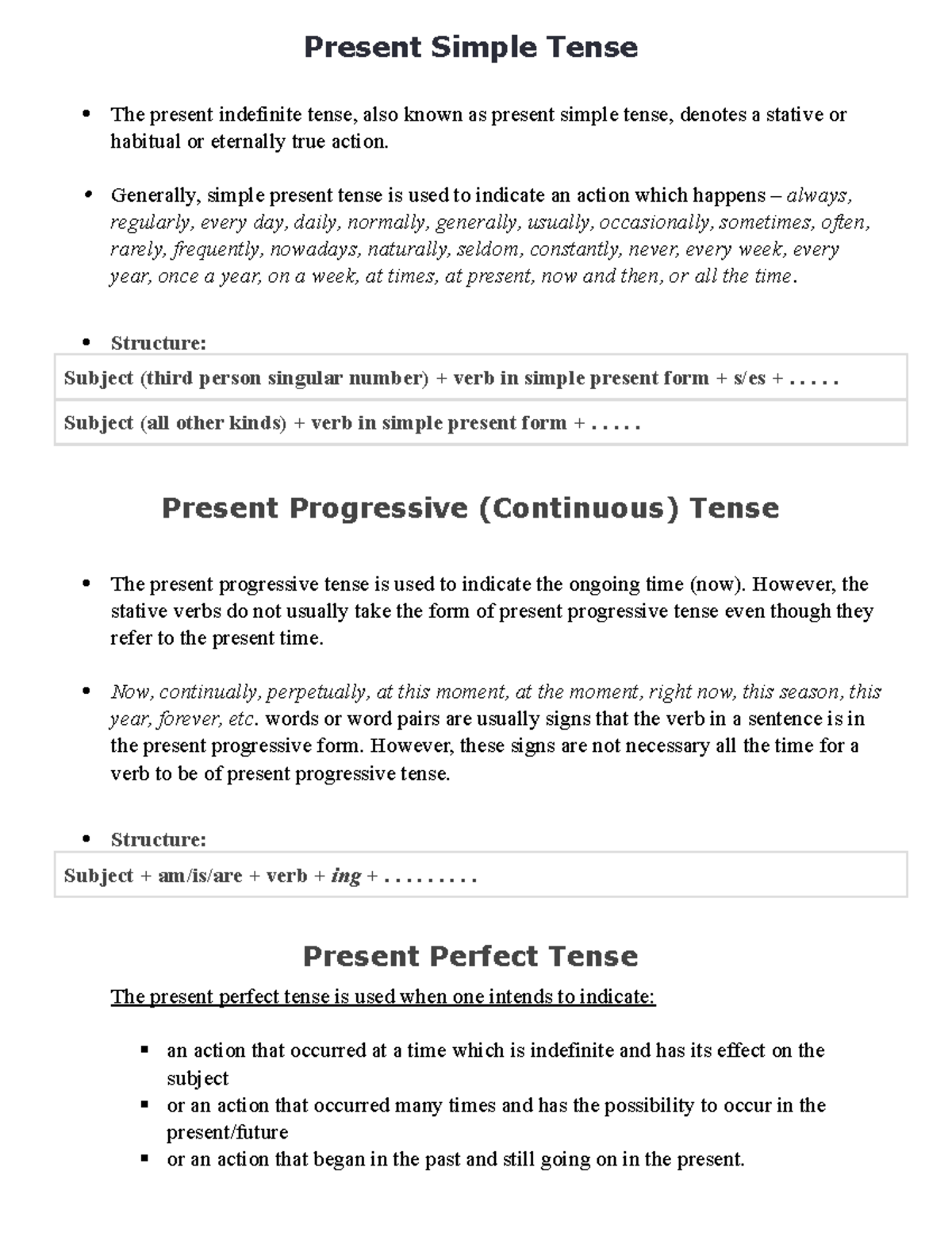 Present Tenses - Study Help - Present Simple Tense The present ...