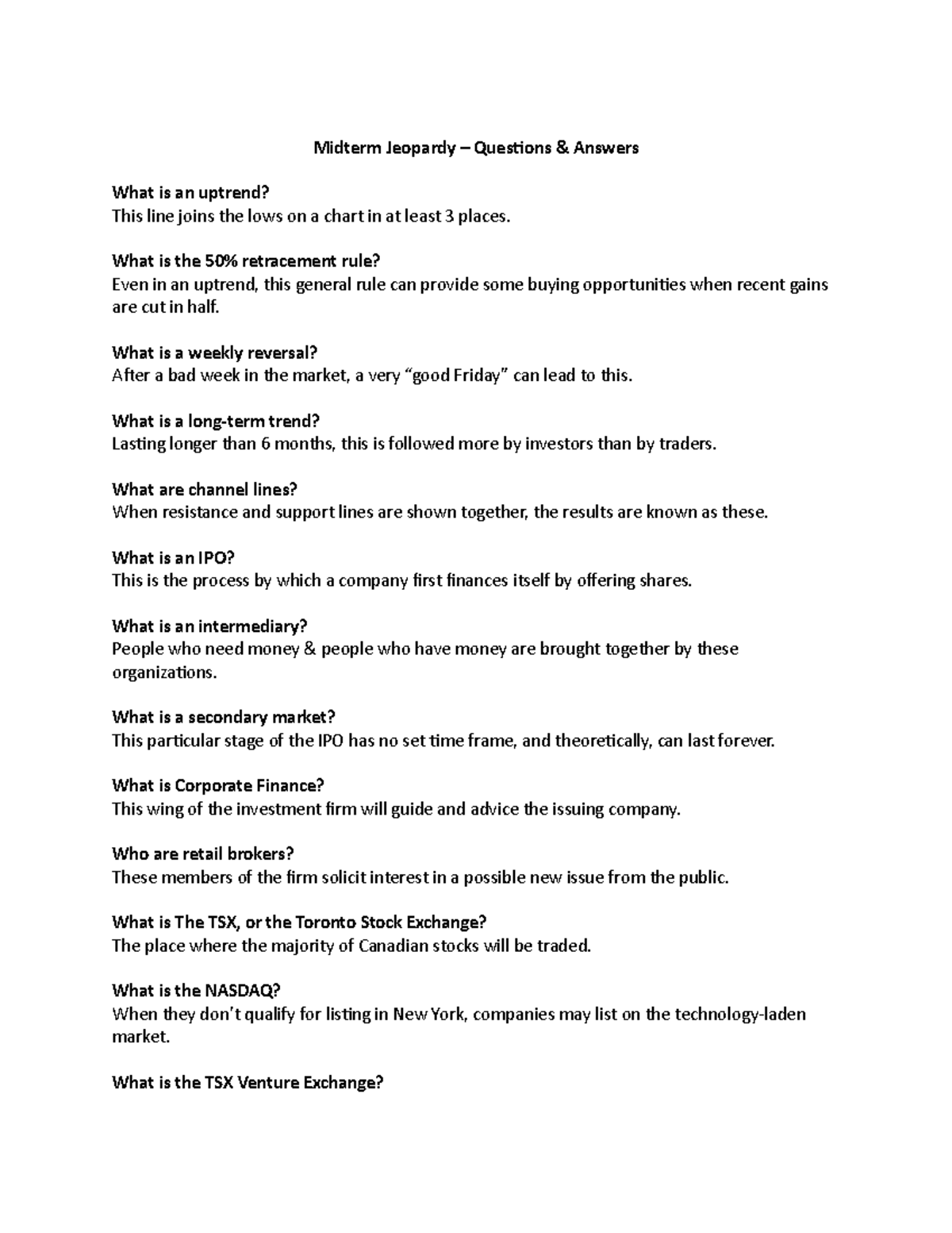 FNCE 2132-001 - Midterm Jeopardy Study Guide - Midterm Jeopardy ...