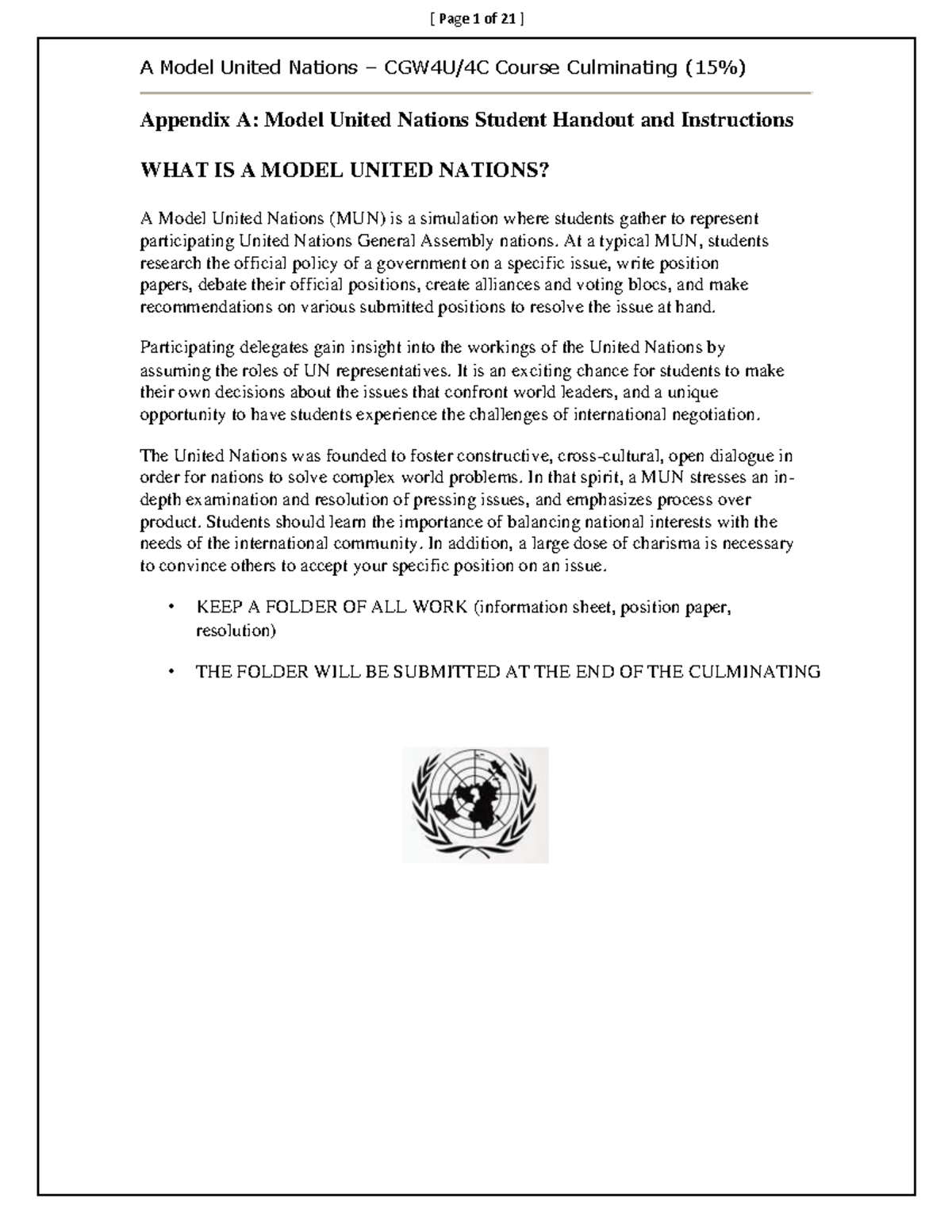 Model U.N Course Culminating CGW4U - A Model United Nations – CGW4U/4C ...
