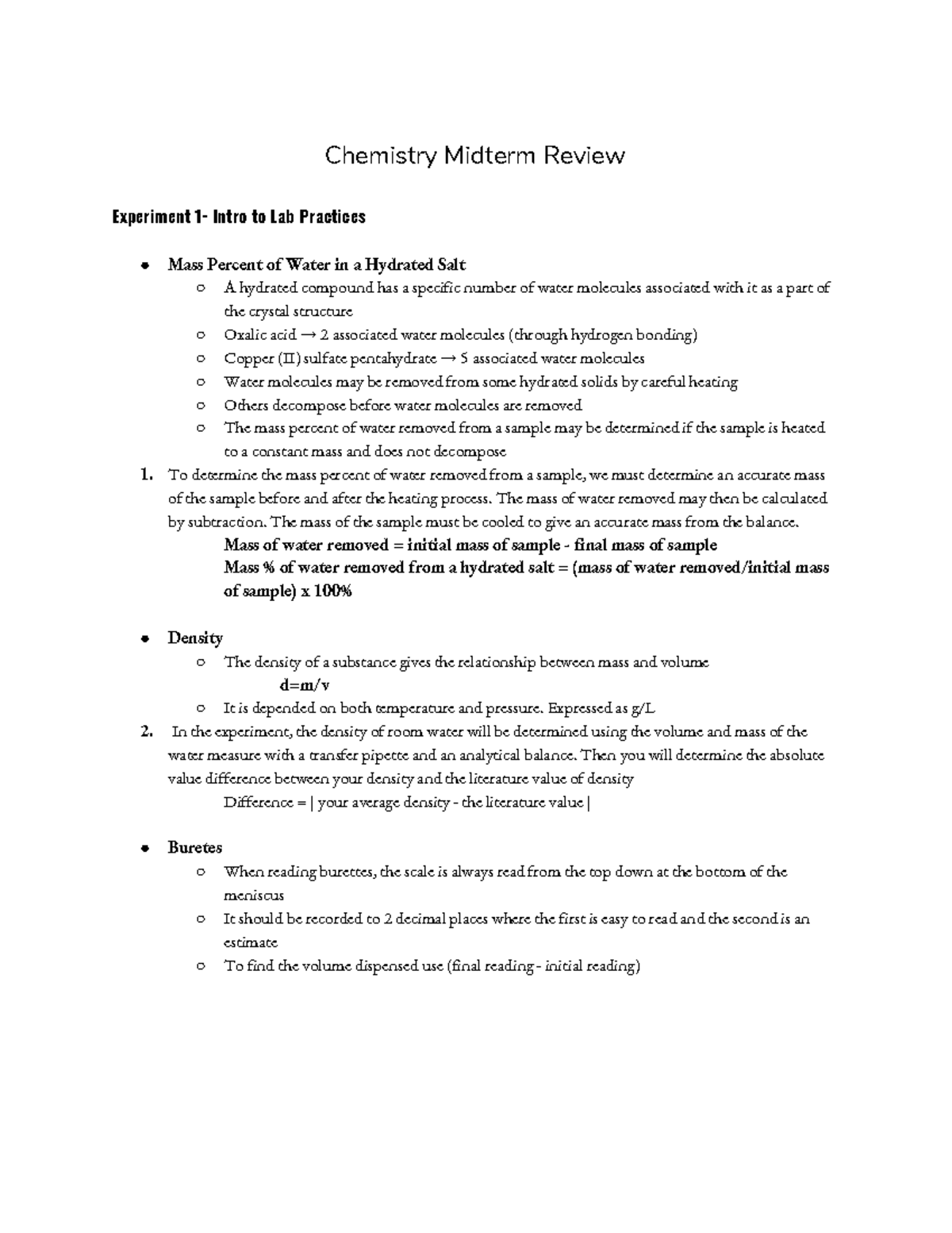 Chemistry 1301 Midterm Review - Chemistry Midterm Review Experiment 1 ...