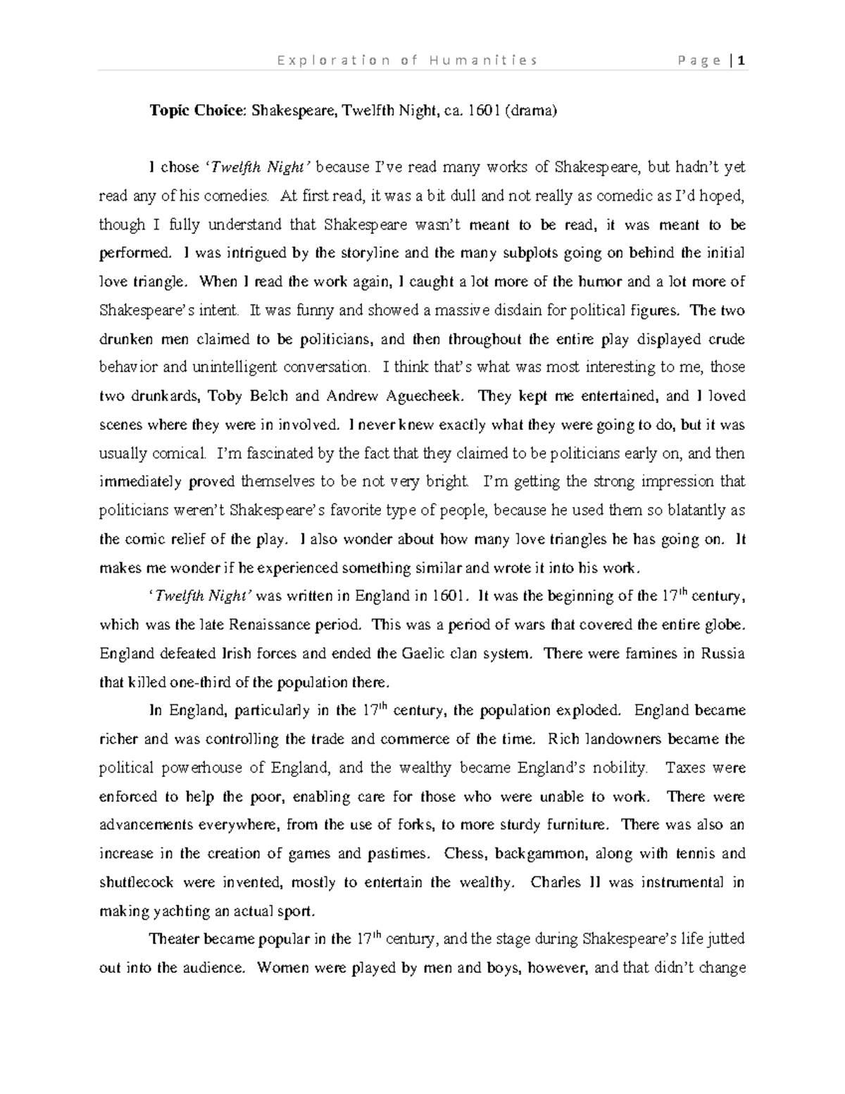 UXT Task 1 - Task 1. Passed with this one. - Topic Choice: Shakespeare, Twelfth Night, ca. 1601 ...