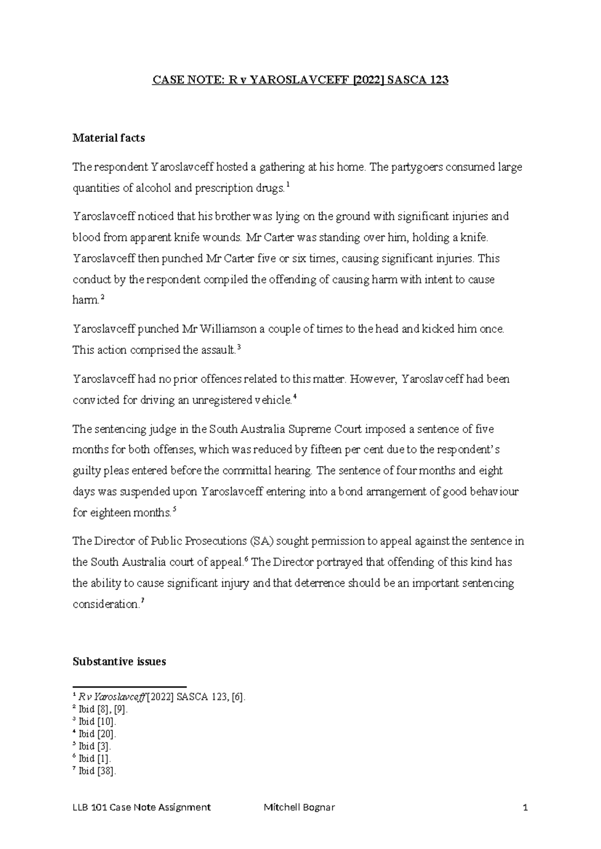LLB 101 Case note assignment - CASE NOTE: R v YAROSLAVCEFF [2022] SASCA ...