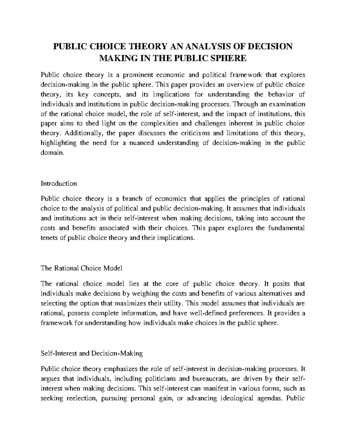 Public Choice Theory AN Analysis OF Decision Making IN THE Public ...