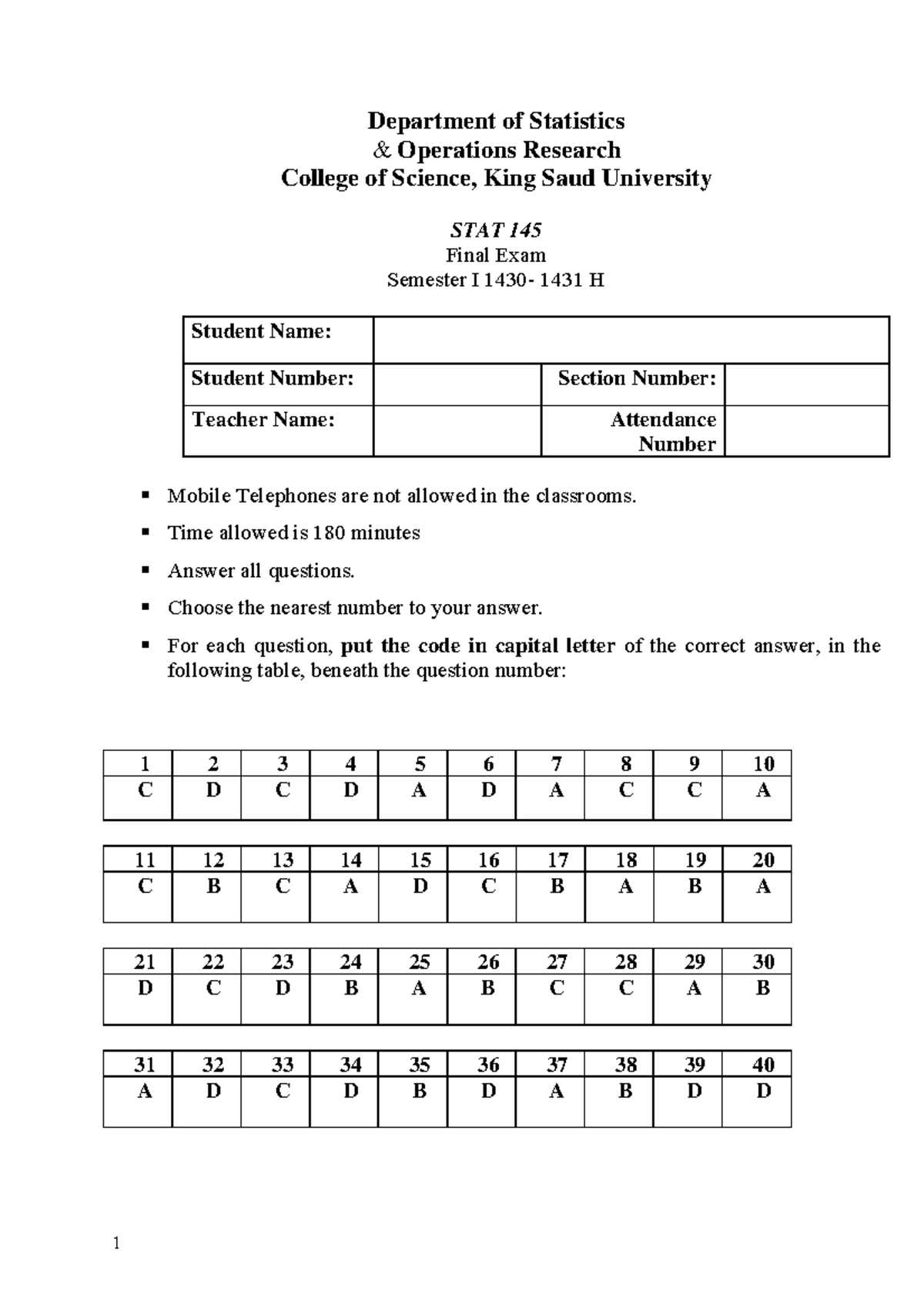 practise question for statistic 1501 final exam - Department of ...
