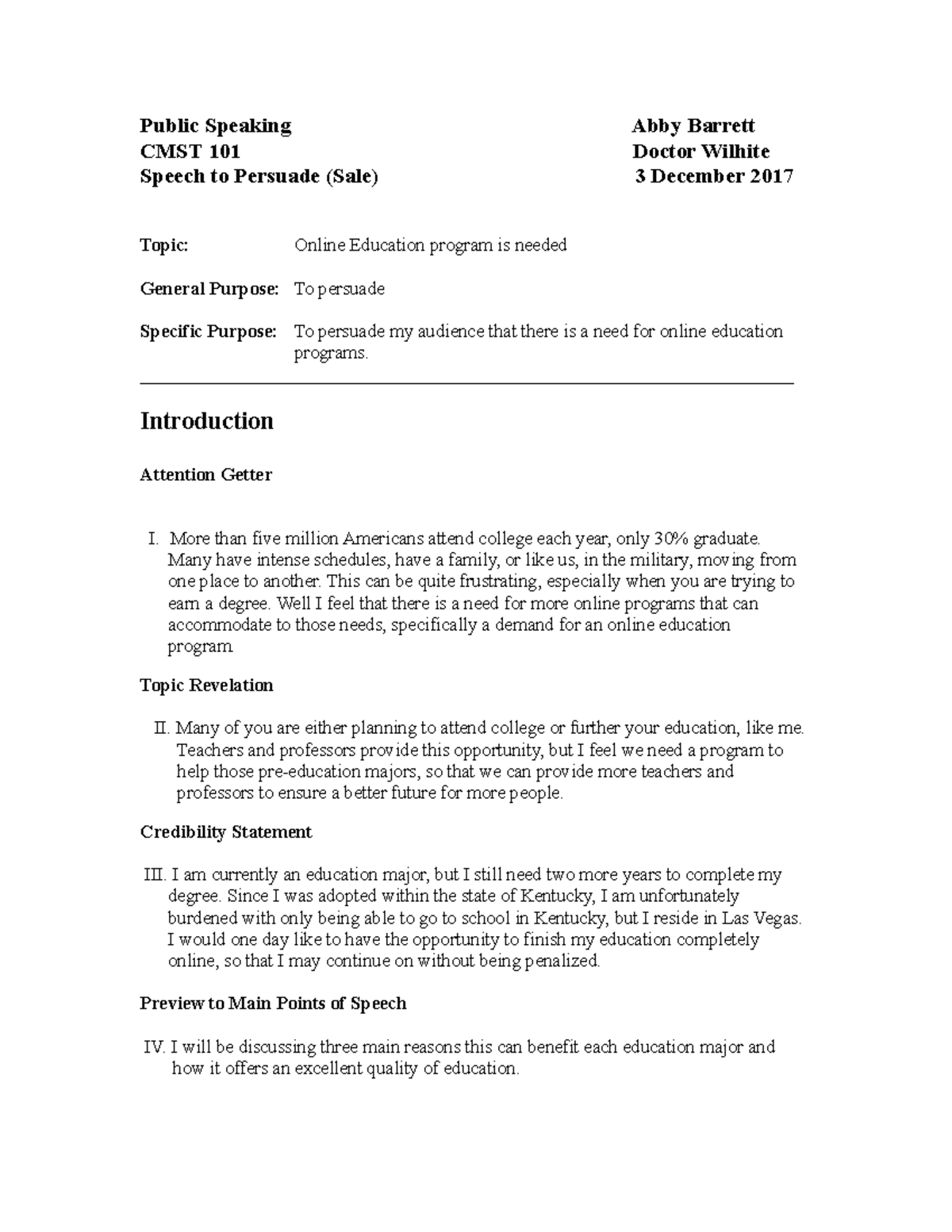 Sales speehch - Public Speaking Abby Barrett CMST 101 Doctor Wilhite ...