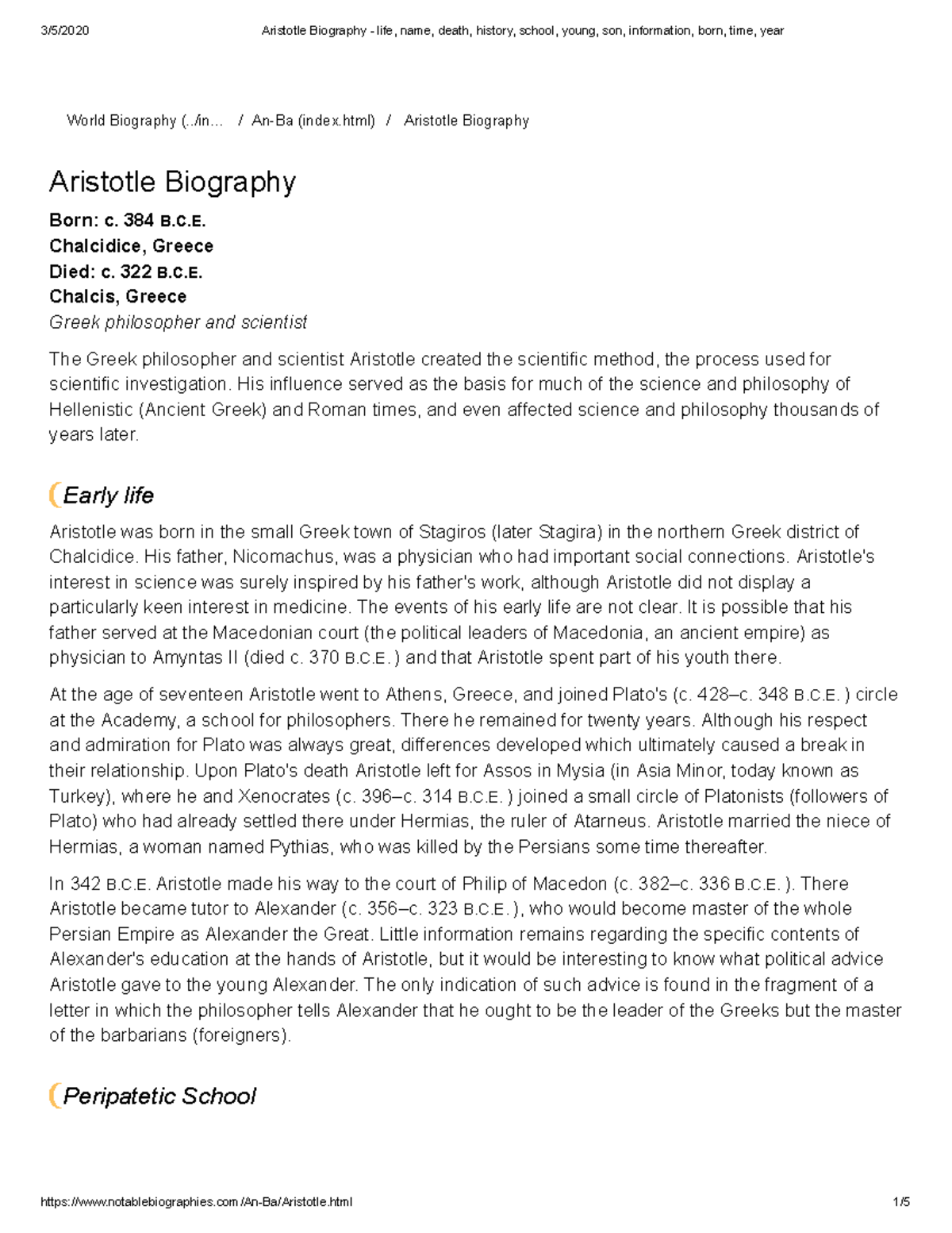 Aristotle Biography - life, name, death, history, school, young, son ...