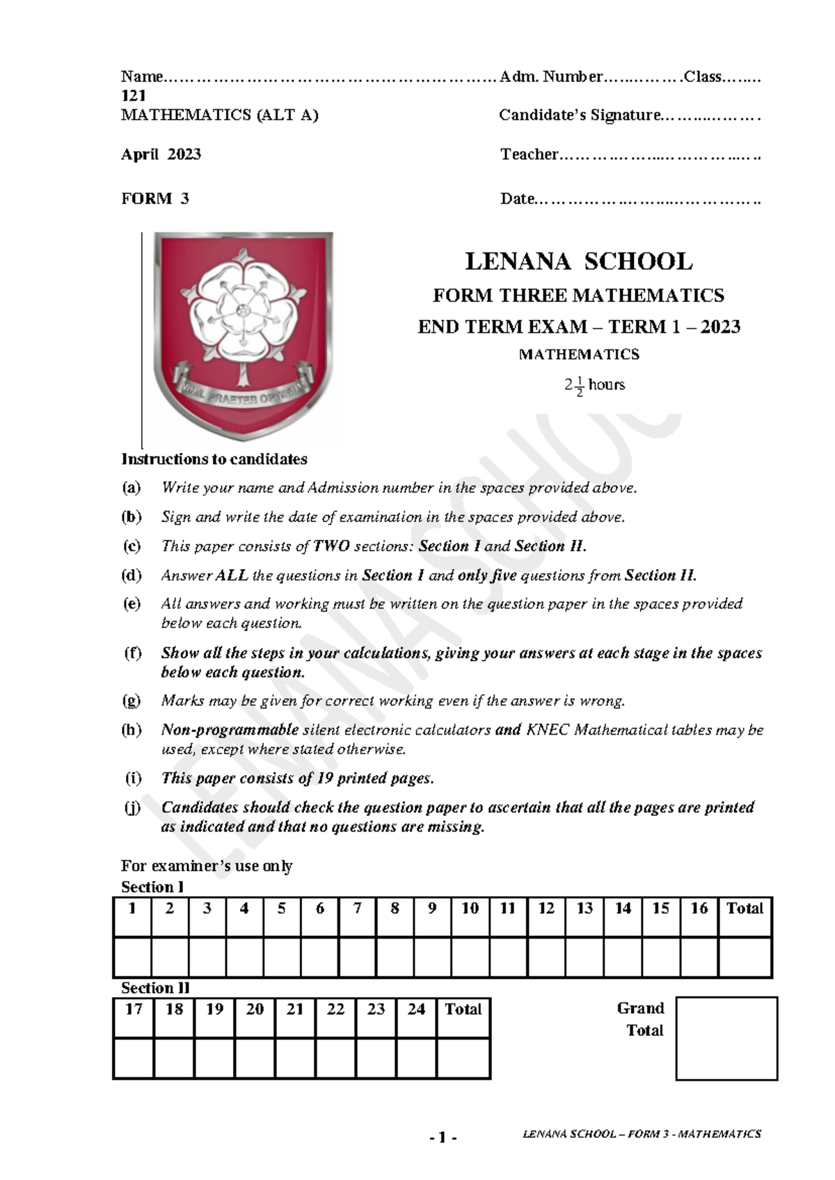 Lenana - FORM 3 - END TERM EXAM - TERM 1 - 2023 - 10 - 4 - 2023 ...