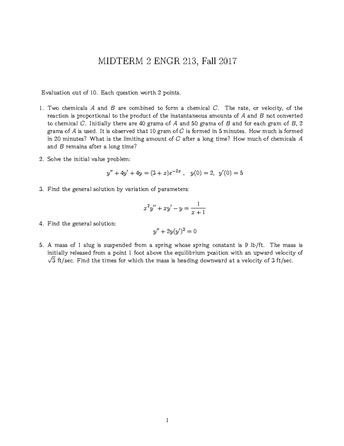Midterm 2 2017 213 Fall - MIDTERM 2 ENGR 213, Fall 2017 Evaluation out ...