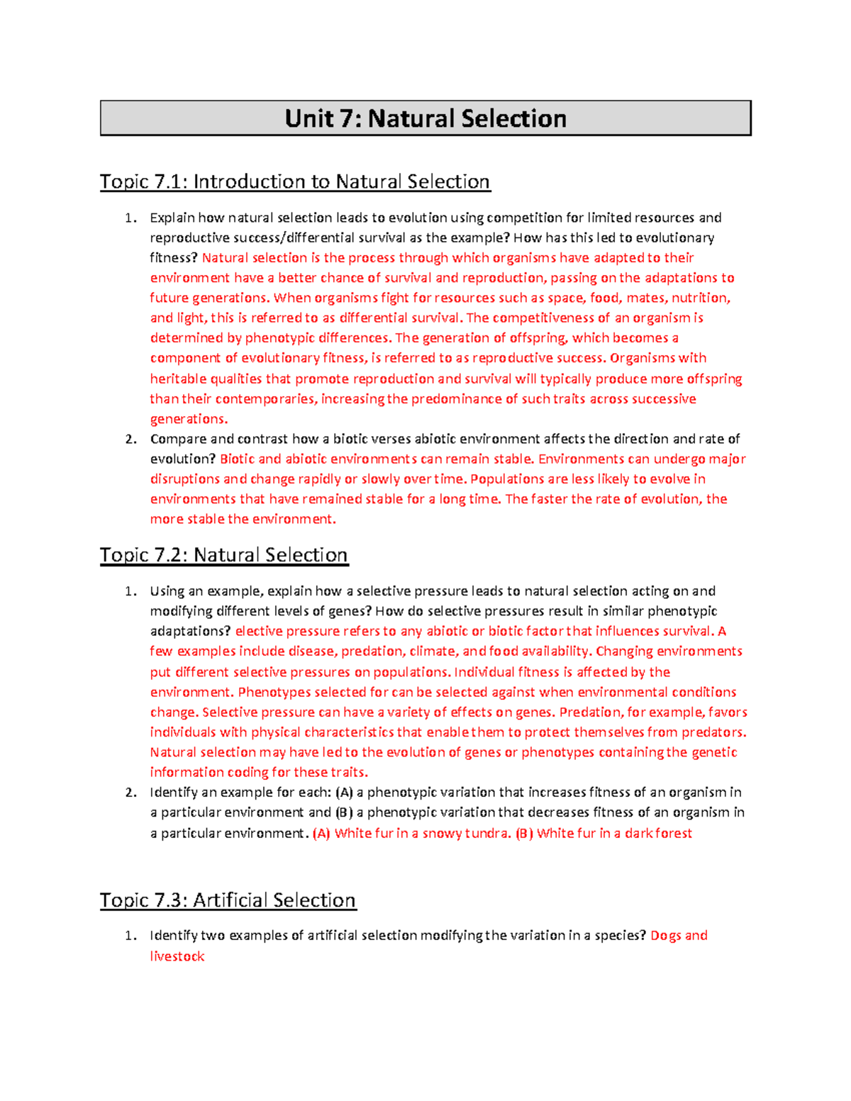 APB Unit4Study Guide - Unit 7: Natural Selection Topic 7: Introduction ...
