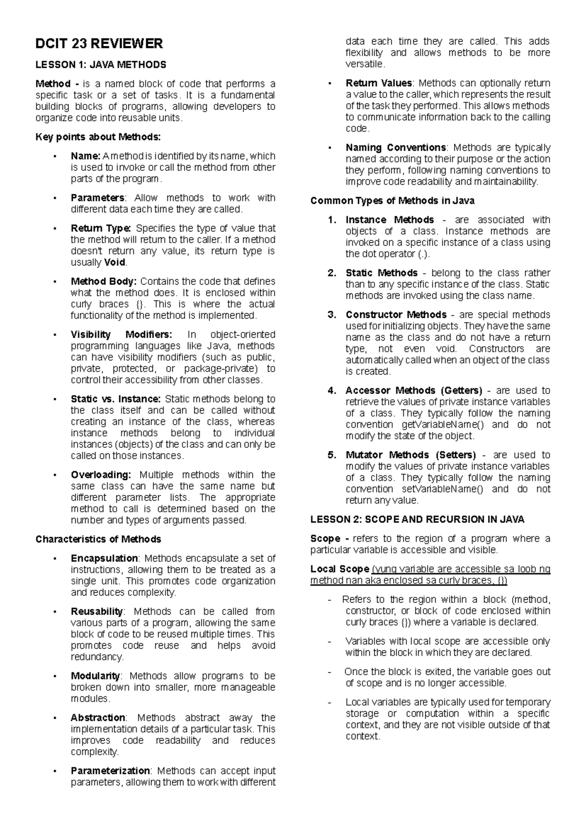 Dcit 23 Reviewer Dcit 23 Reviewer Lesson 1 Java Methods Method Is A Named Block Of Code