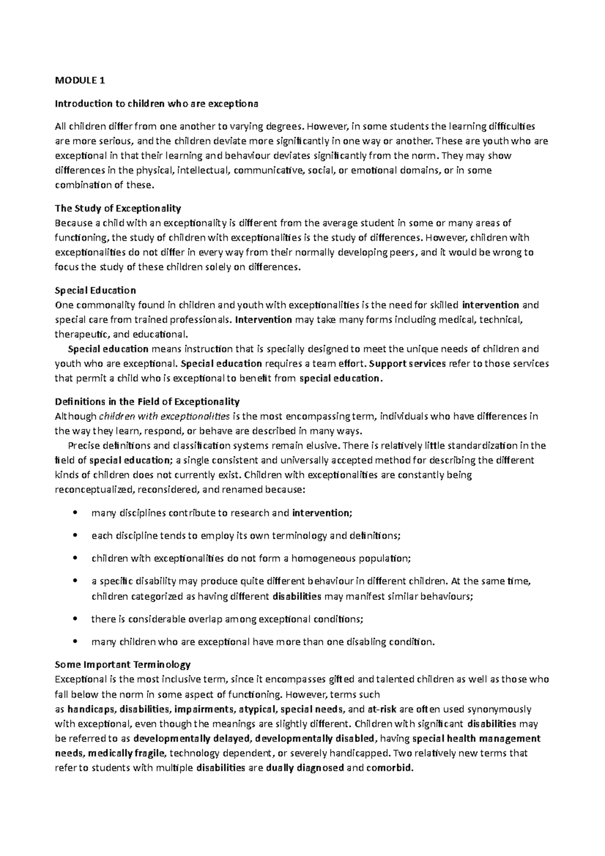 Special Ed notes corrected - MODULE 1 Introduction to children who are ...
