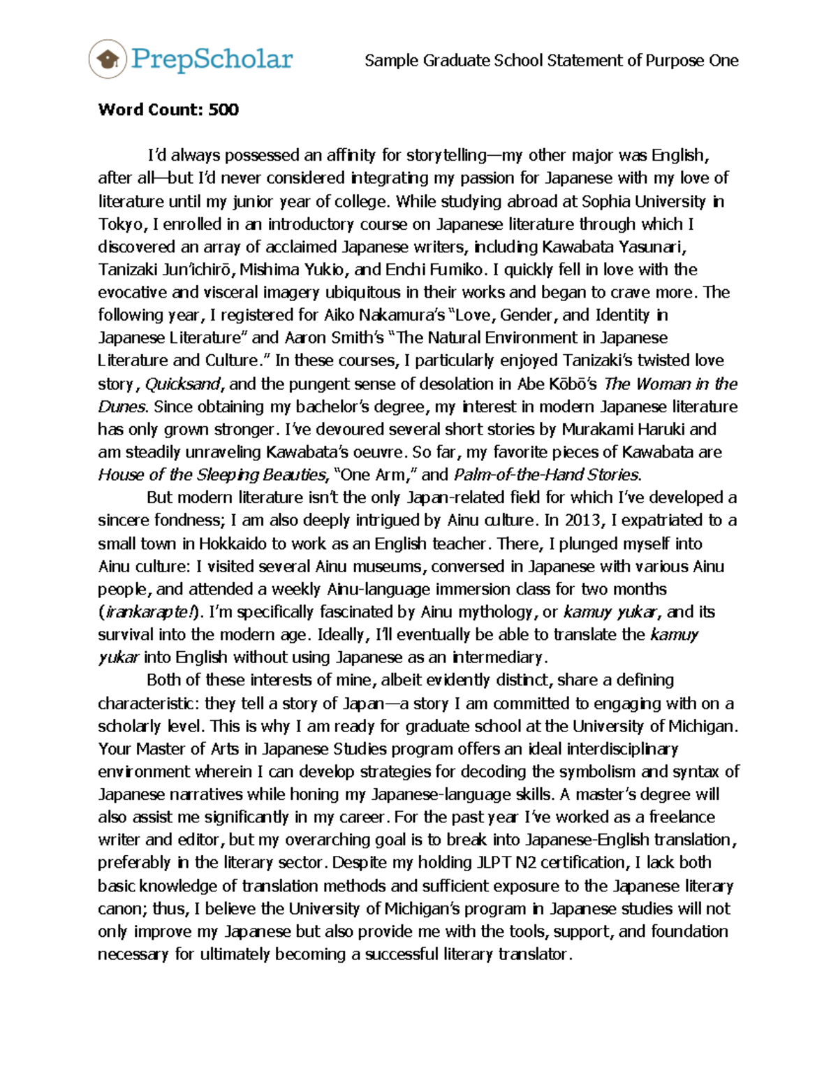 Prep Scholar SOP Sample One - Sample Graduate School Statement of ...