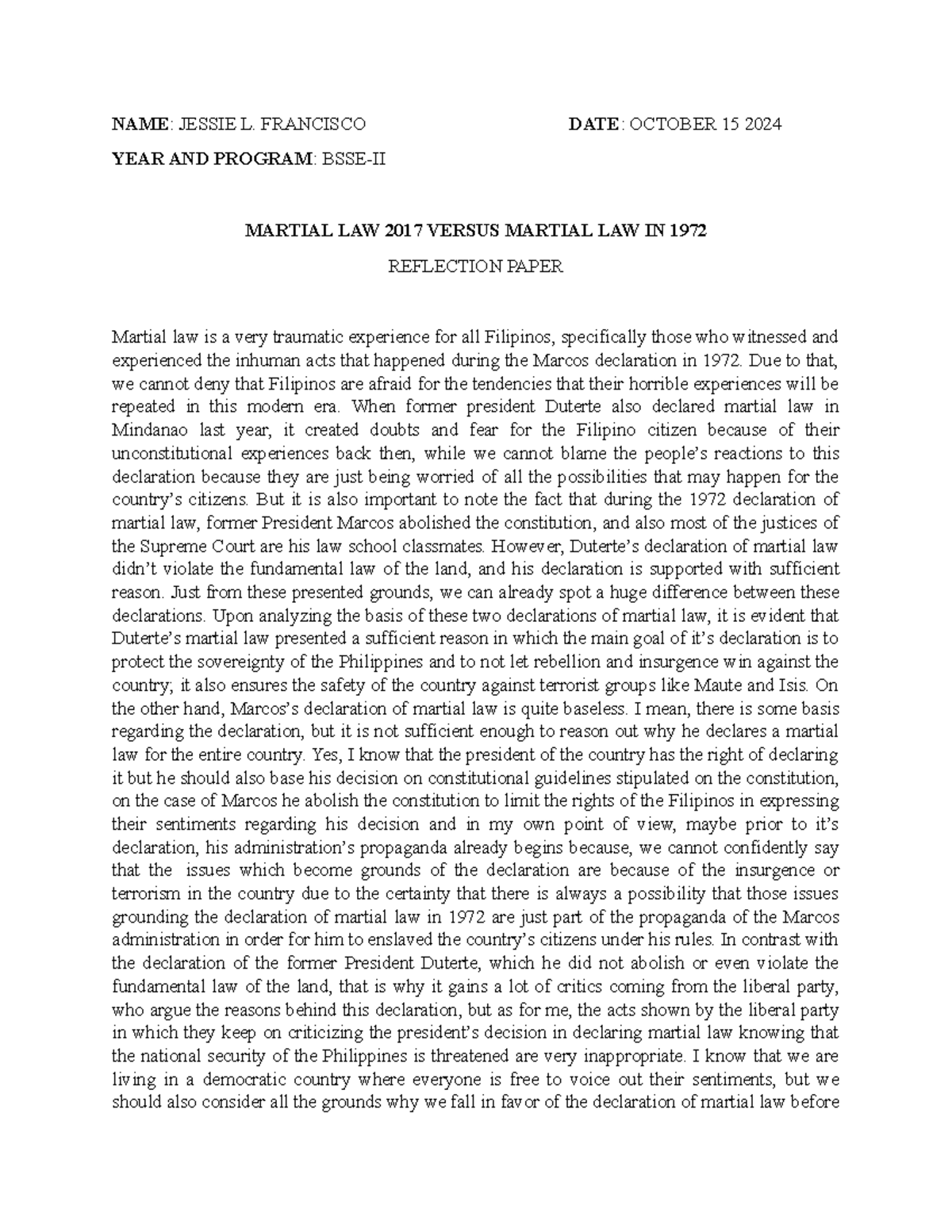 Philnat Martial LAW 2017 Versus 1972 Reflection Paper - NAME: JESSIE L ...