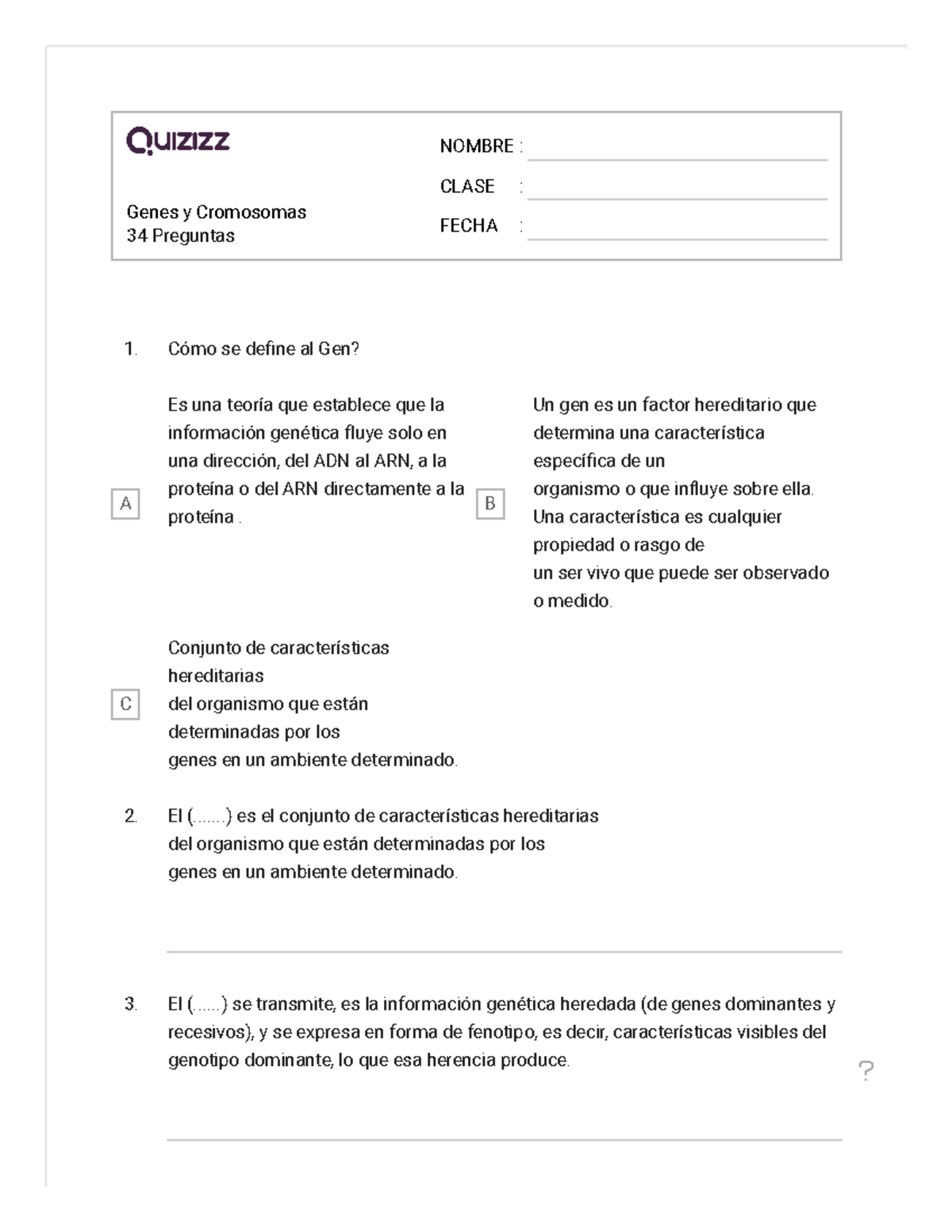 Genes y Cromosomas, preguntas de prácticar para examen ib - Genes y ...