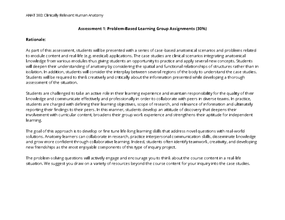 ANAT Group Assignment - Assessment 1: Problem-Based Learning Group ...