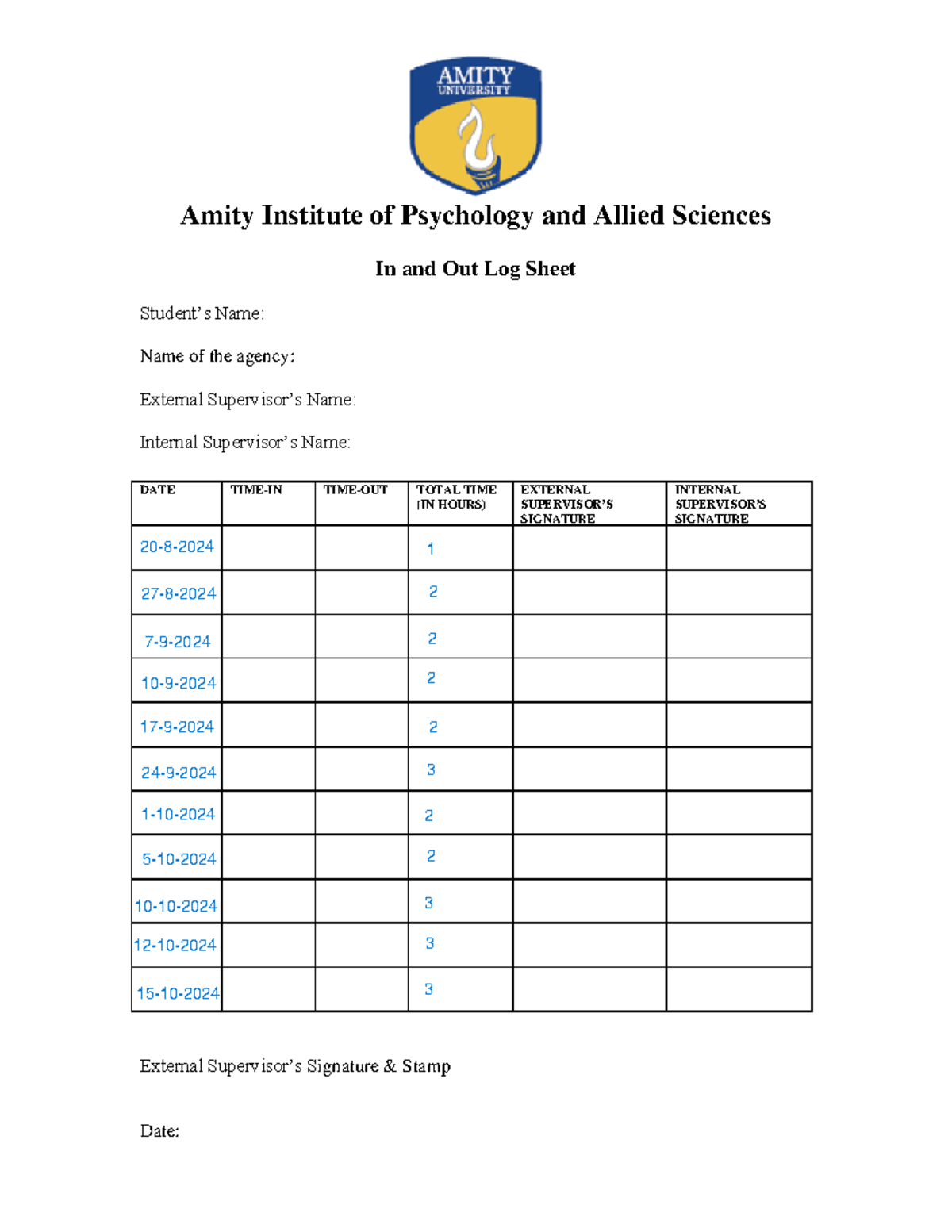 In out sheet - Applied Psychology - Amity Institute of Psychology and ...